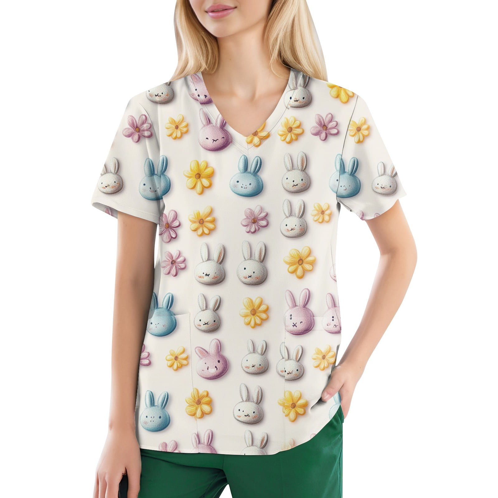 QIJIE Women Easter Scrubs Animal Bunny Egg Printed Nurse Scrub Shirts ...