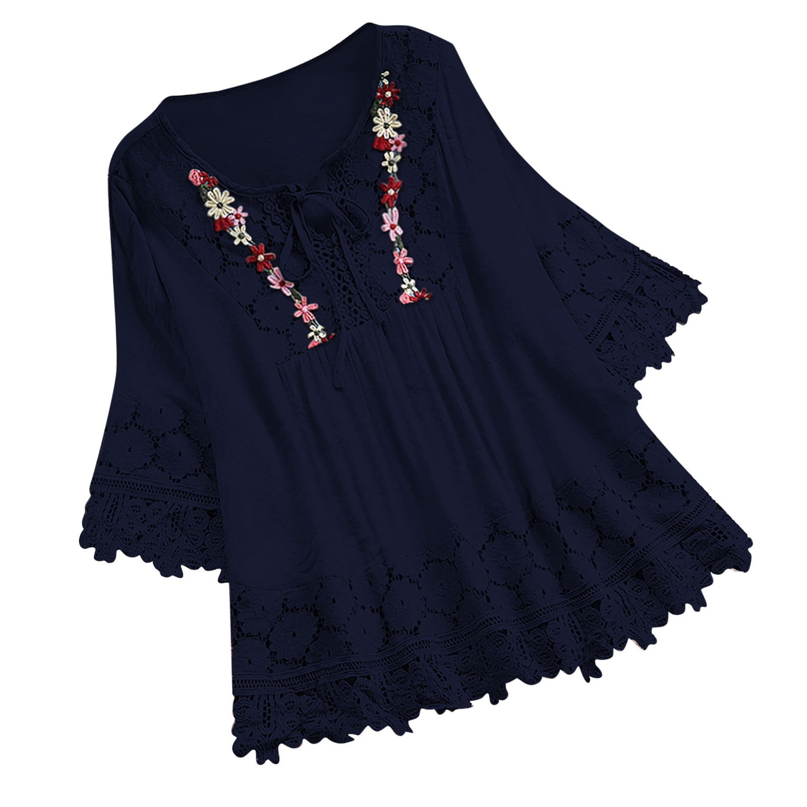 QIJIE Women's Boho Embroidered Tops 3/4 Sleeve Mexican Shirts Plus Size ...
