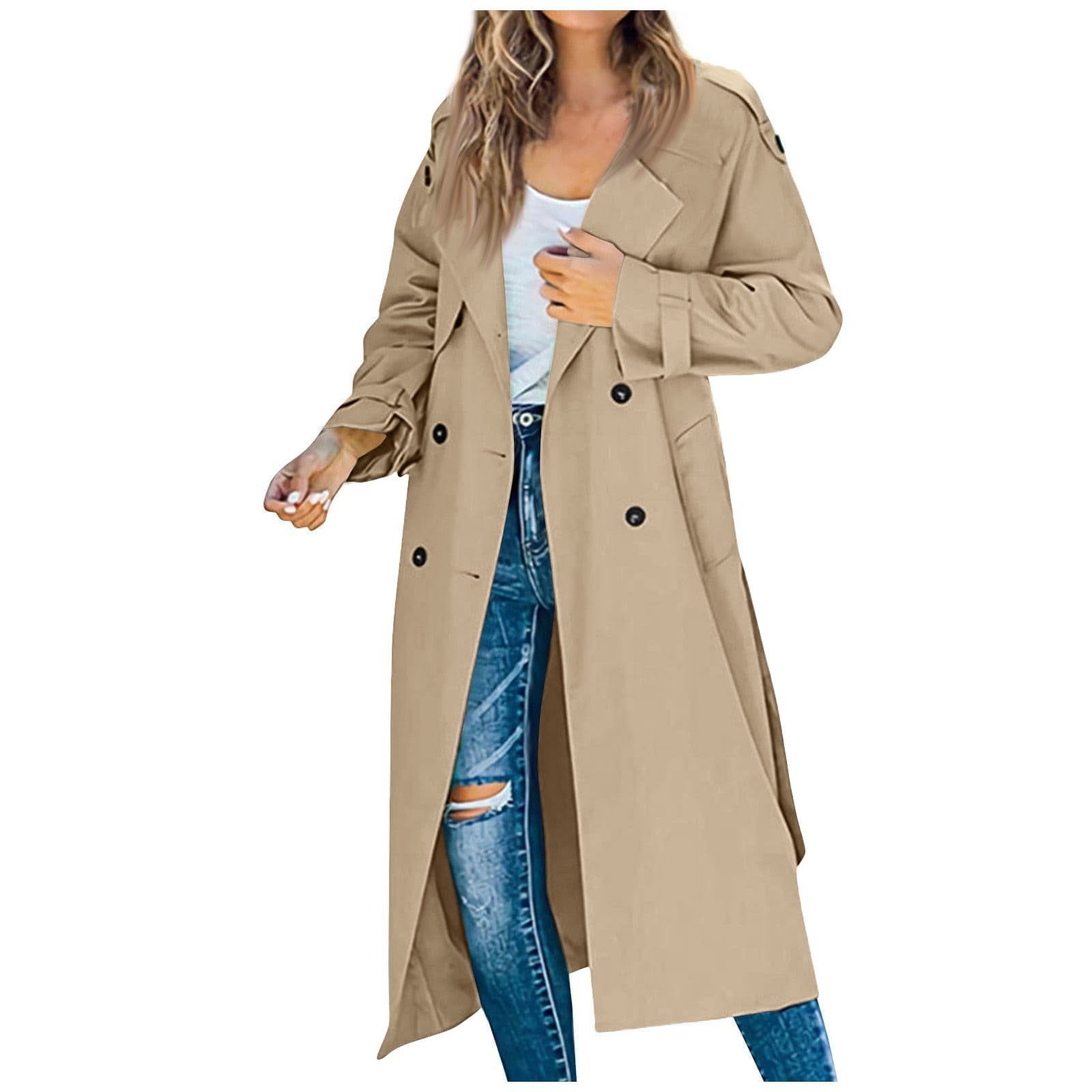 QIJIE Womens Oversized Long Trench Coat Double Breasted Lapel Windproof ...