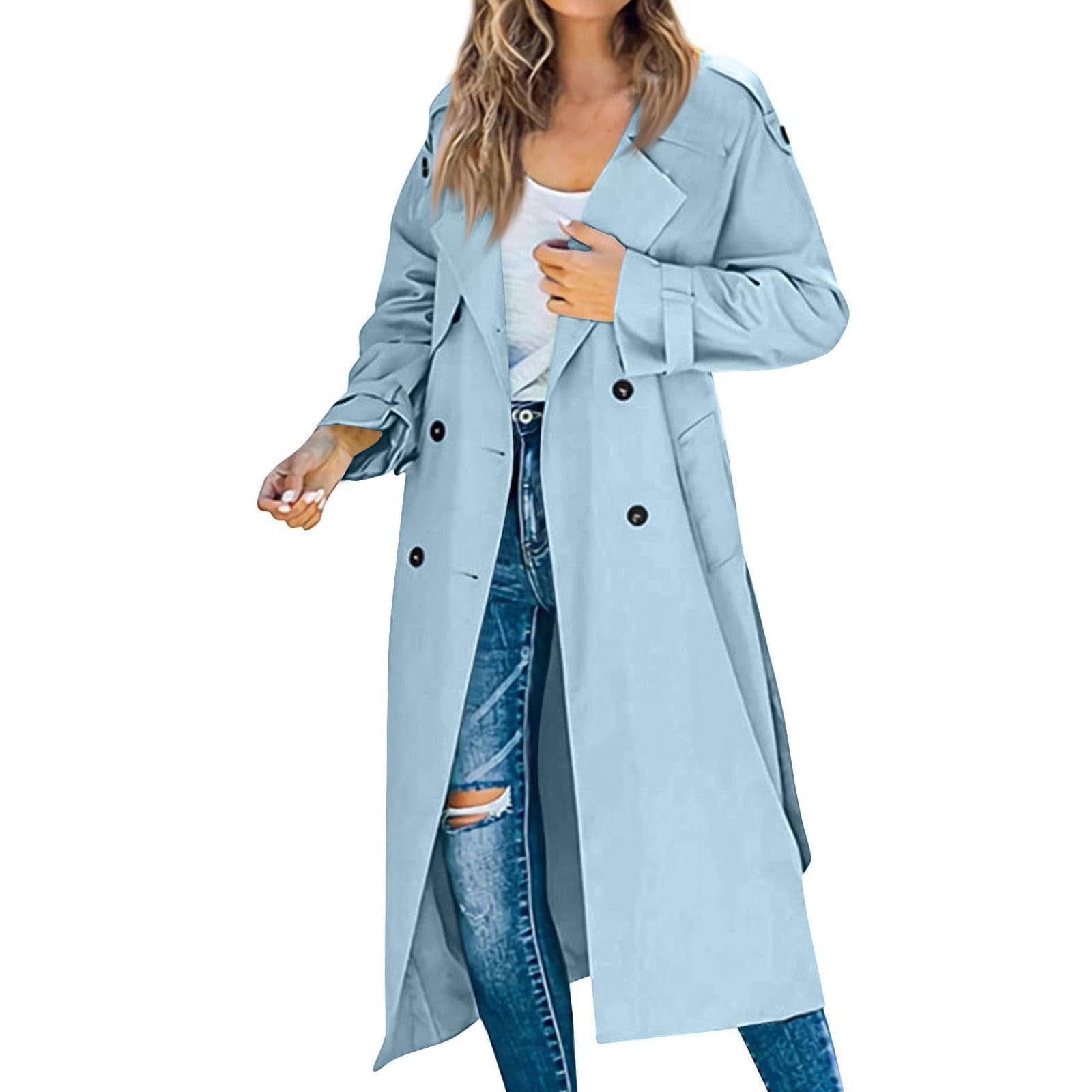 QIJIE Womens Oversized Long Trench Coat Double Breasted Lapel Windproof ...