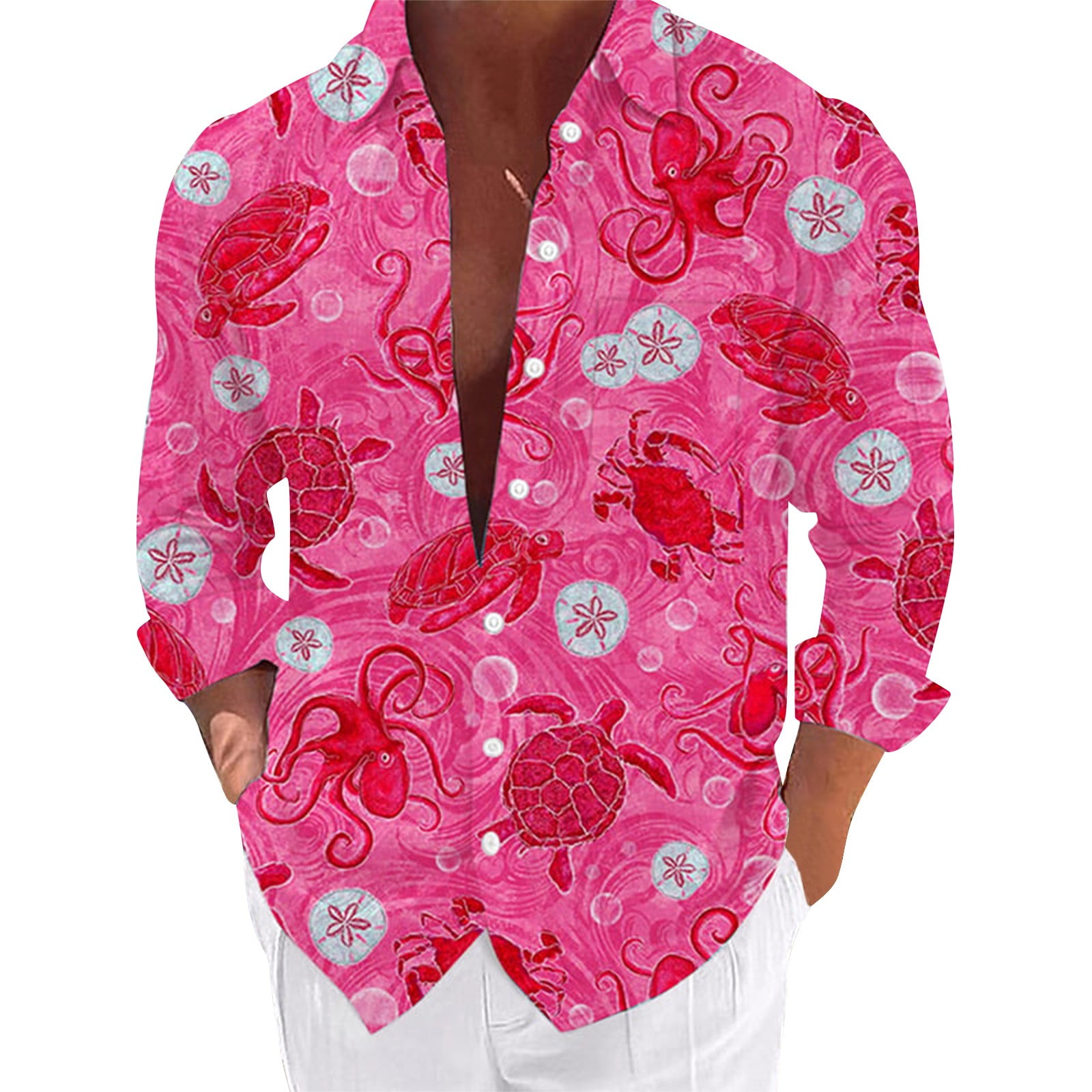 QIJUNTUO Men's Ocean Shirts Long Sleeve Casual Button Down Beach Flower ...