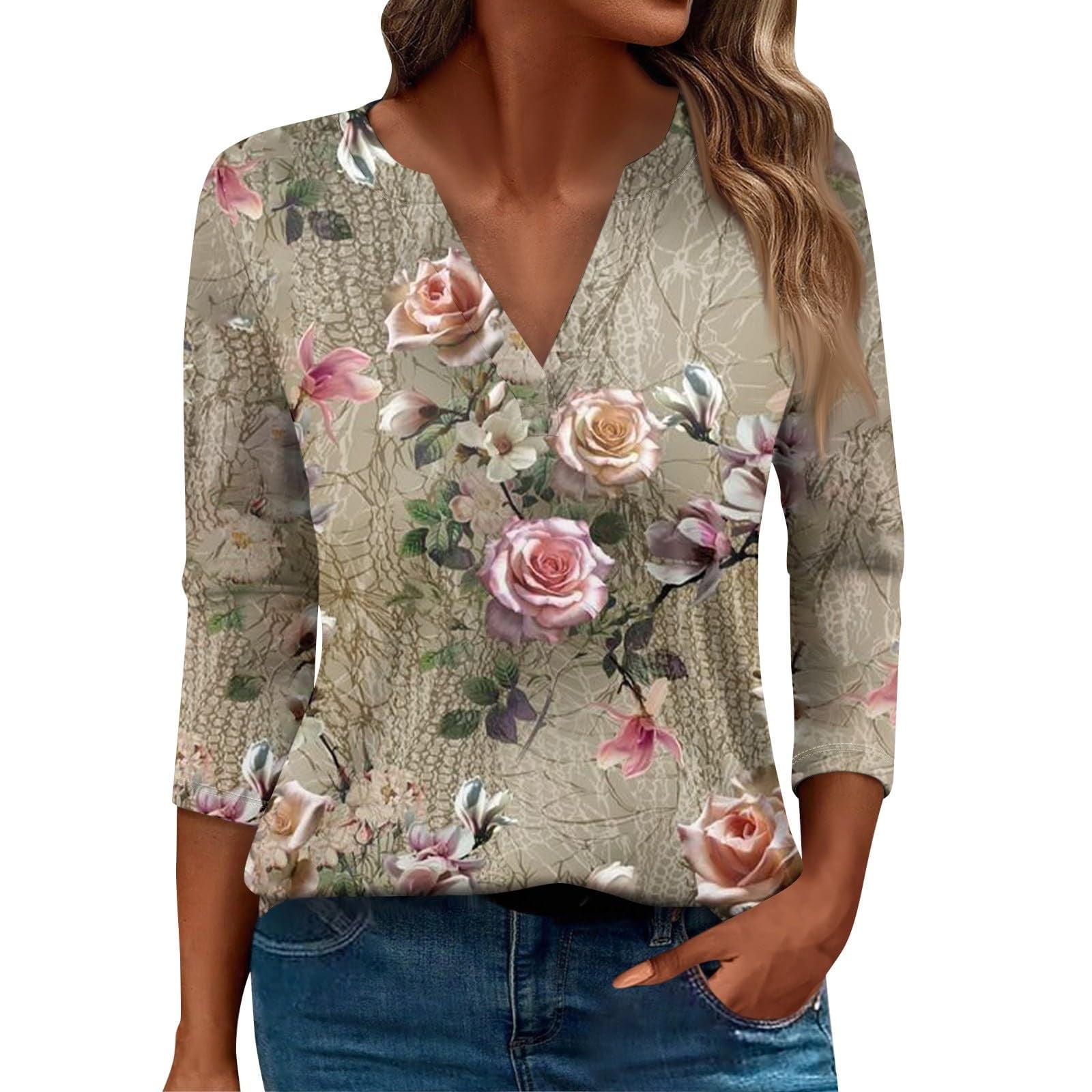 QIJUNTUO Olive Floral Printed Tunic Top Featuring V-Neck Design For ...