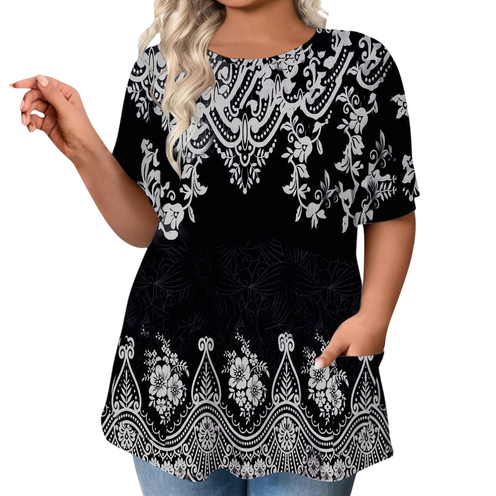 QIJUNTUO Plus Size Floral Tunic Blouse With Petal Sleeves And Side ...