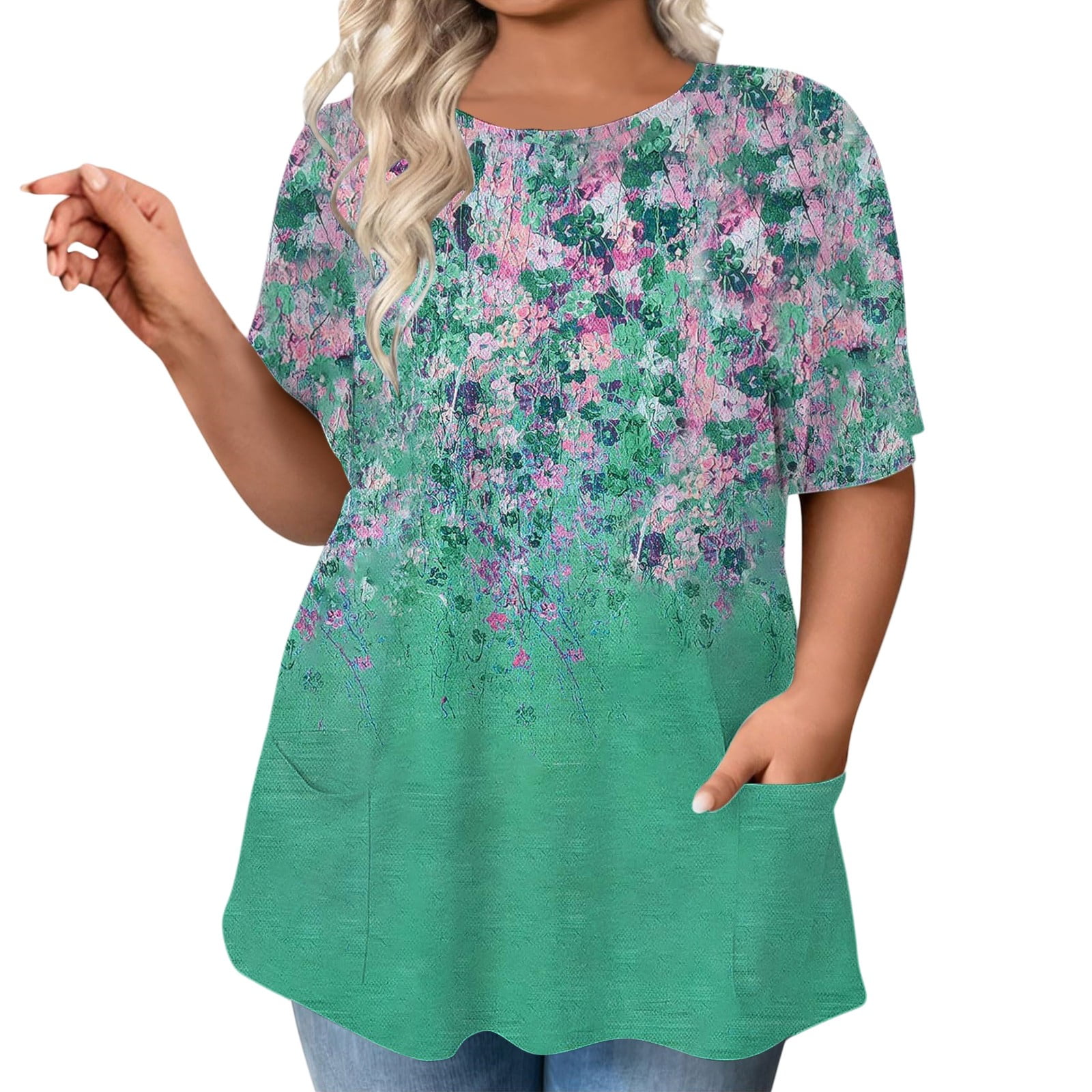 QIJUNTUO Plus Size Floral Tunic Blouse With Petal Sleeves And Side ...