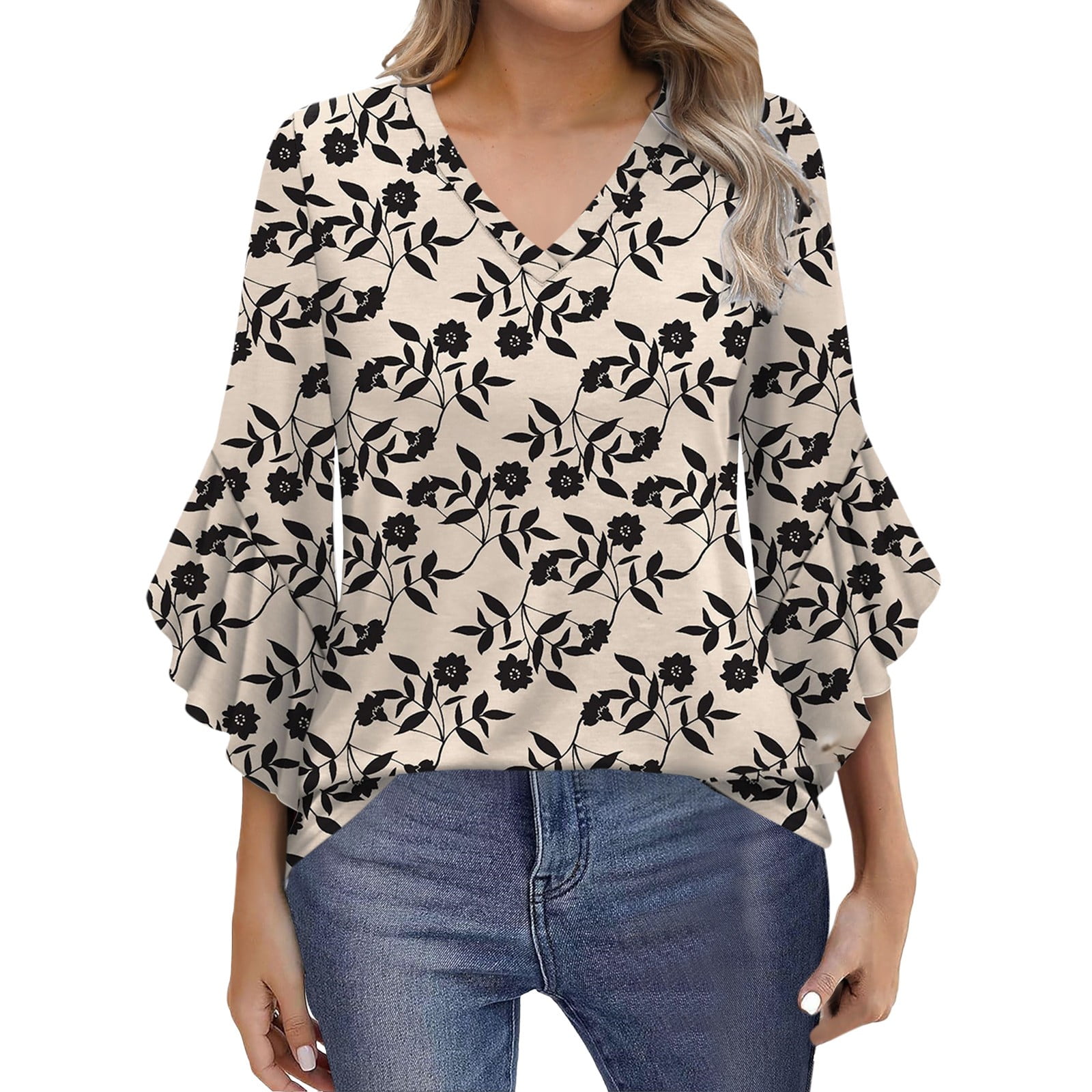 QIJUNTUO Women's Bell Sleeve V-Neck Blouse With Ruffle Cuffs For ...