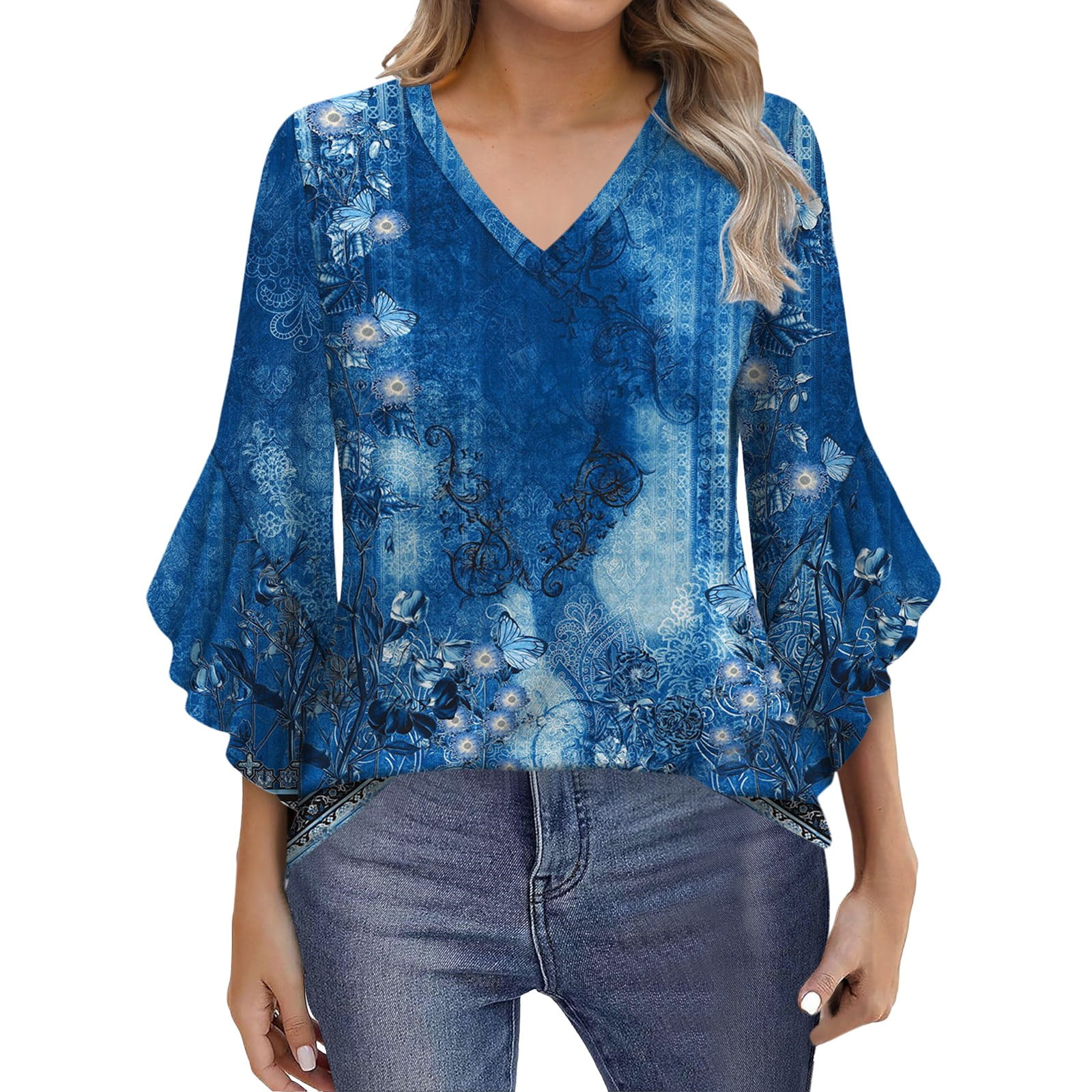 QIJUNTUO Women's Bell Sleeve V-Neck Blouse With Ruffle Cuffs For ...
