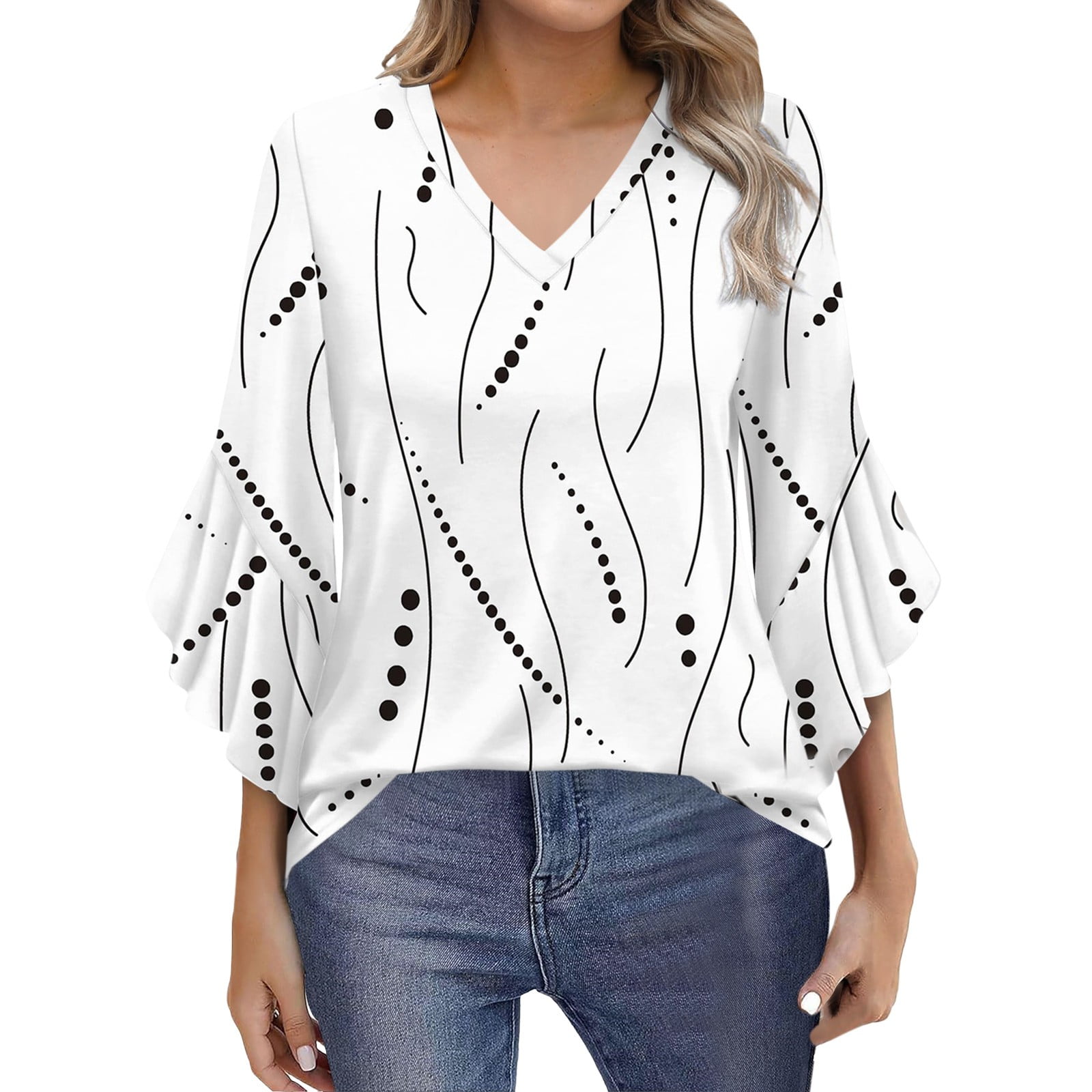 QIJUNTUO Women's Bell Sleeve V-Neck Blouse With Ruffle Cuffs For ...