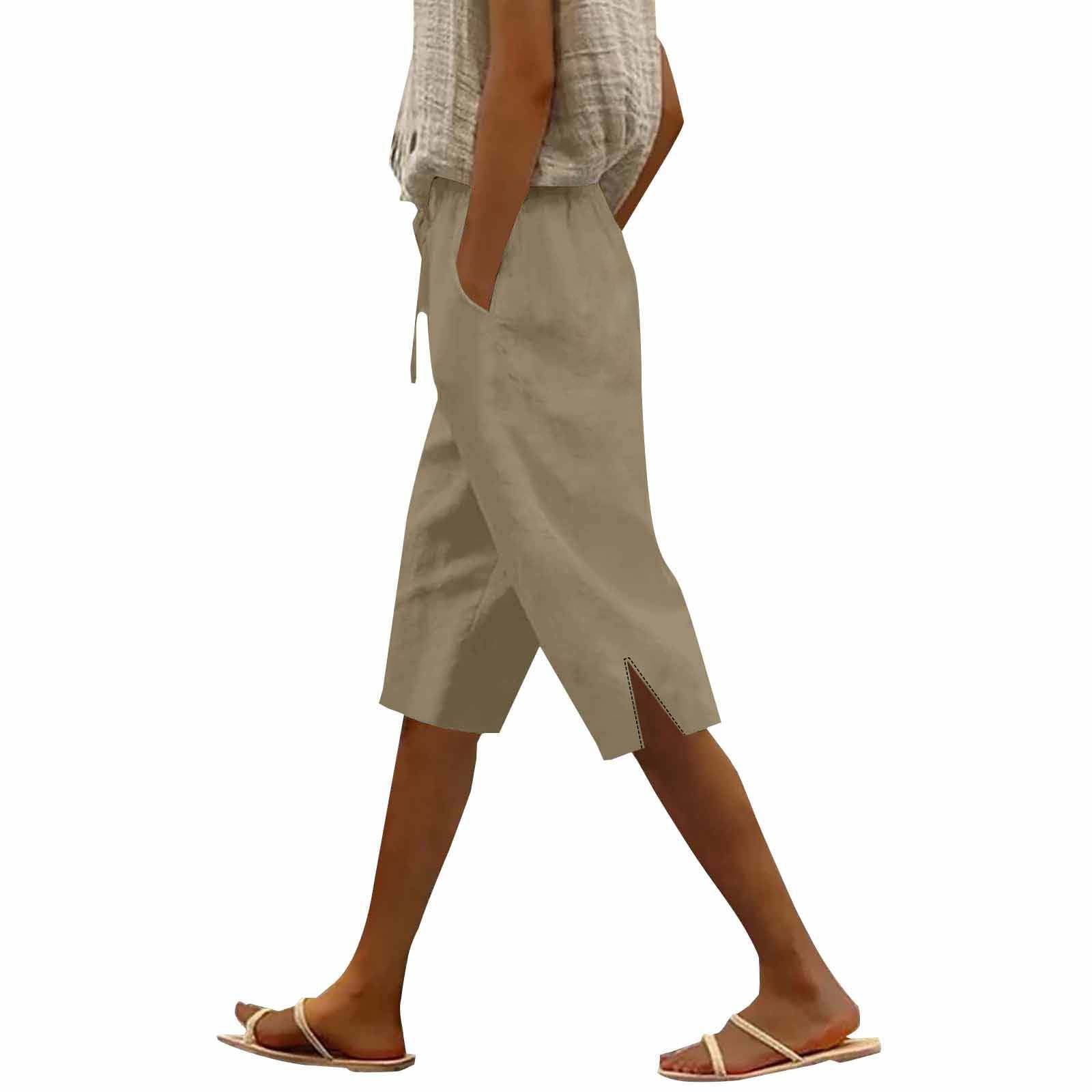 QIJUNTUO Women's Elevated Five Quarter Length Cotton Linen Capri Pants ...