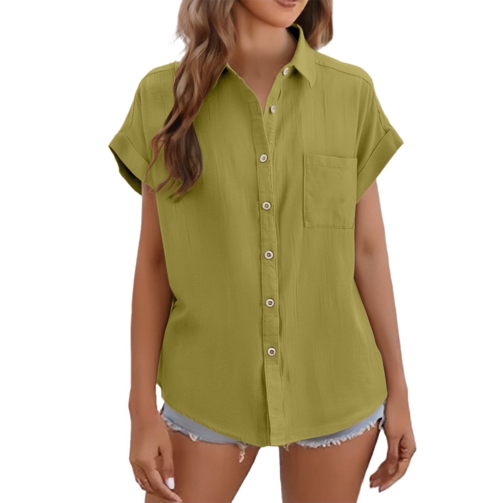 QIJUNTUO Women's French Inspired Linen Blend Shirt With Rolled Edges And Fly Sleeves For Summer ...