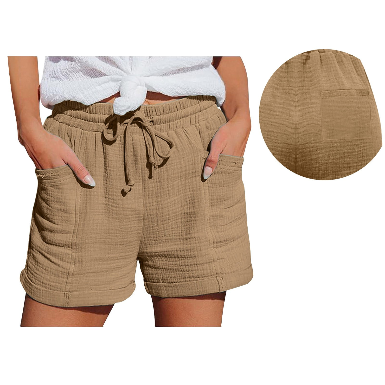 QIJUNTUO Women's High Waist Cotton Linen Athletic Shorts With Real Back ...