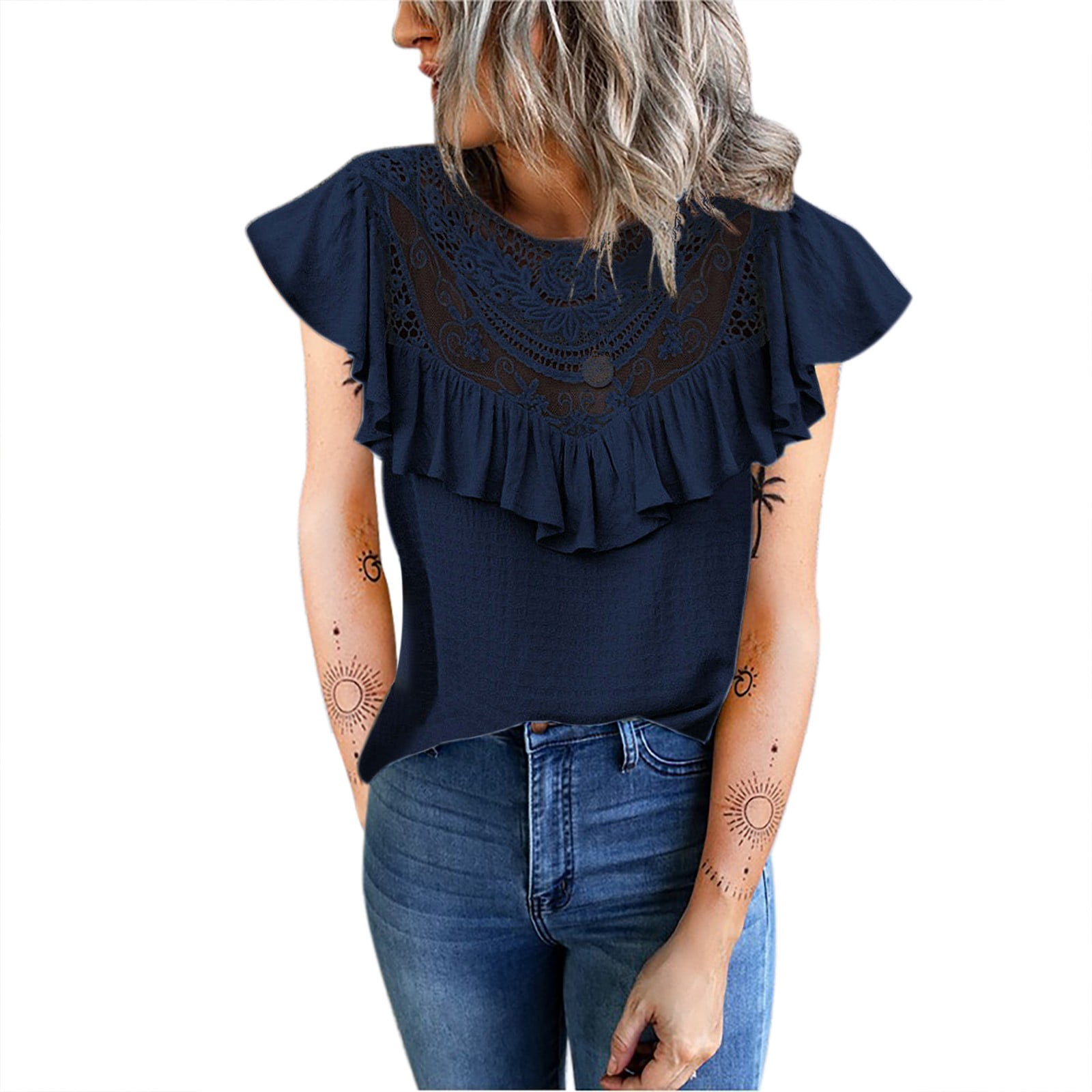 QIJUNTUO Women's Lace Trim Round Neck Sleeveless Vest With Flowy ...