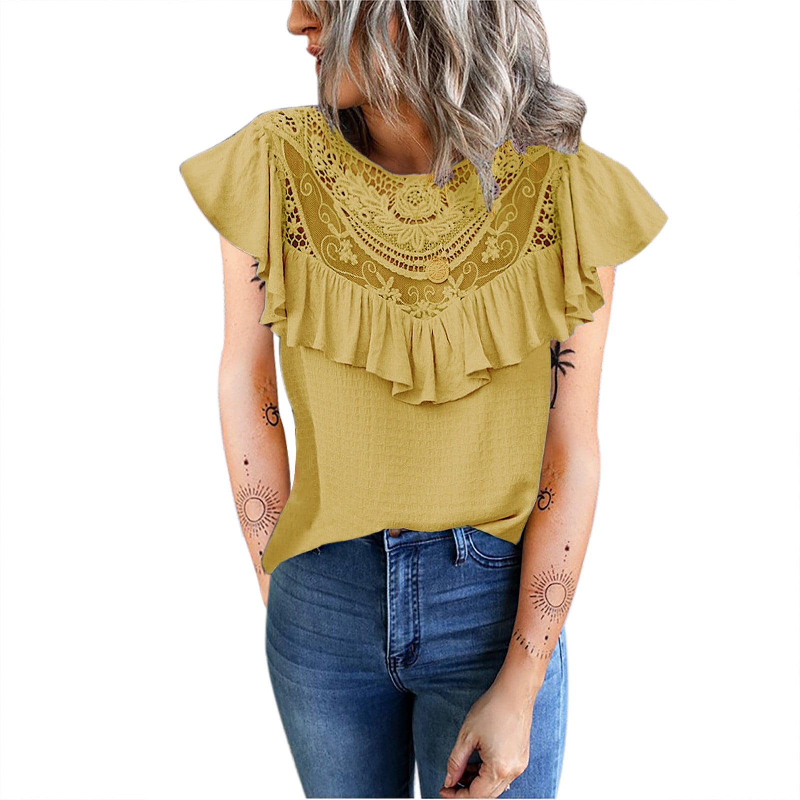 QIJUNTUO Women's Lace Trim Round Neck Sleeveless Vest With Flowy ...