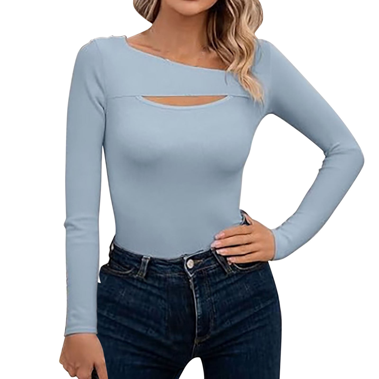QIJUNTUO Women's Long Sleeve Slim Fit T-Shirt With Hollow Cutout Detail ...