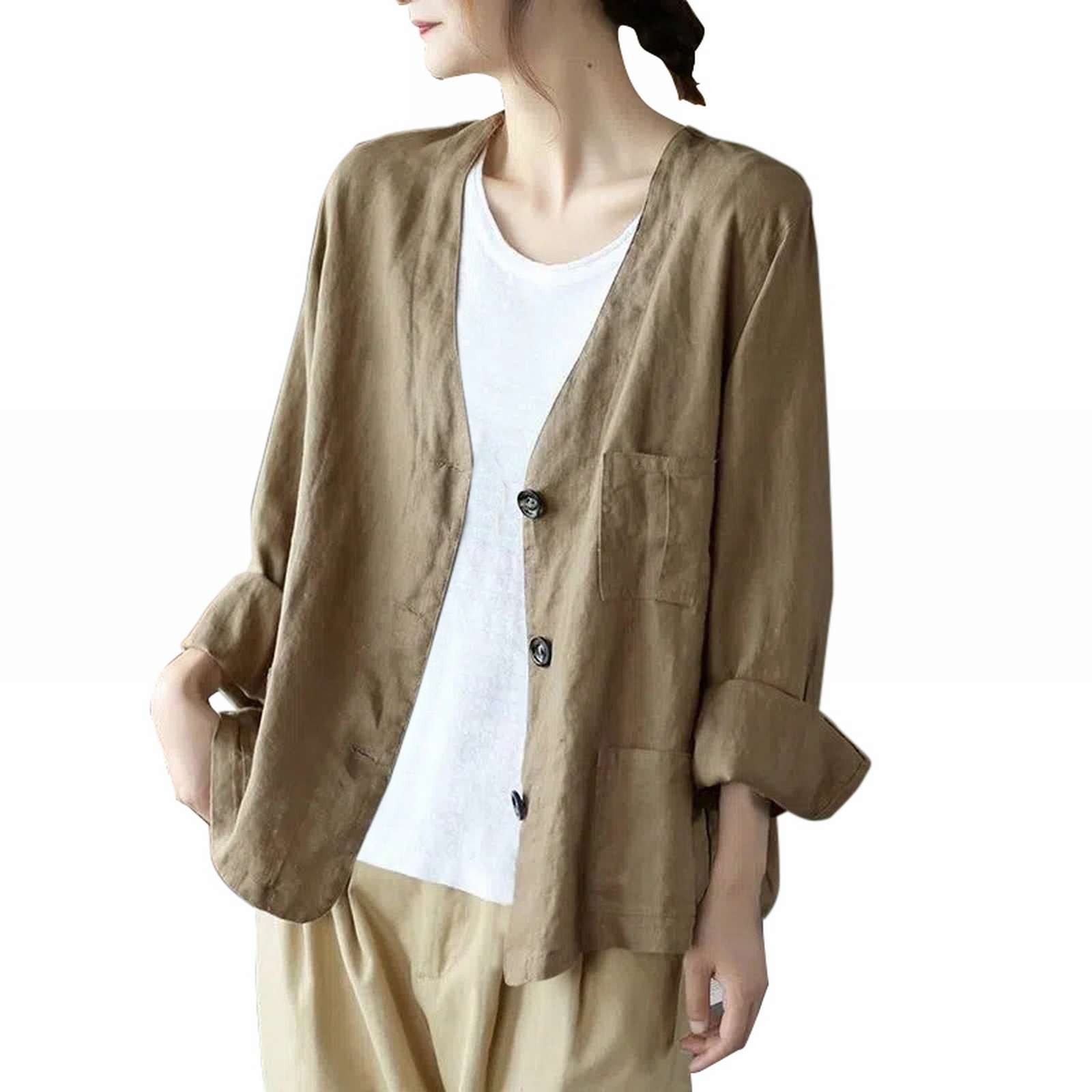 QIJUNTUO Women's Oversized Cotton Linen Long Sleeve Shacket With Button ...