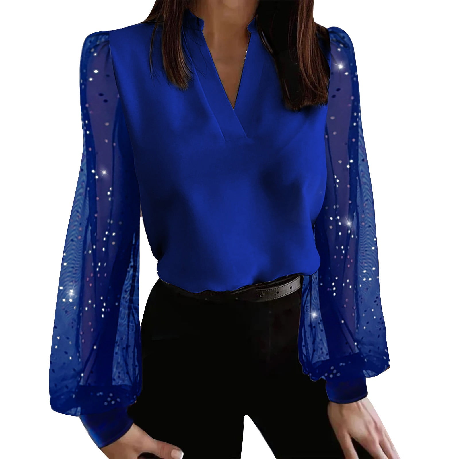 QIJUNTUO Women's Sequin Embellished V-Neck Long Sleeve Shimmer Top Full ...