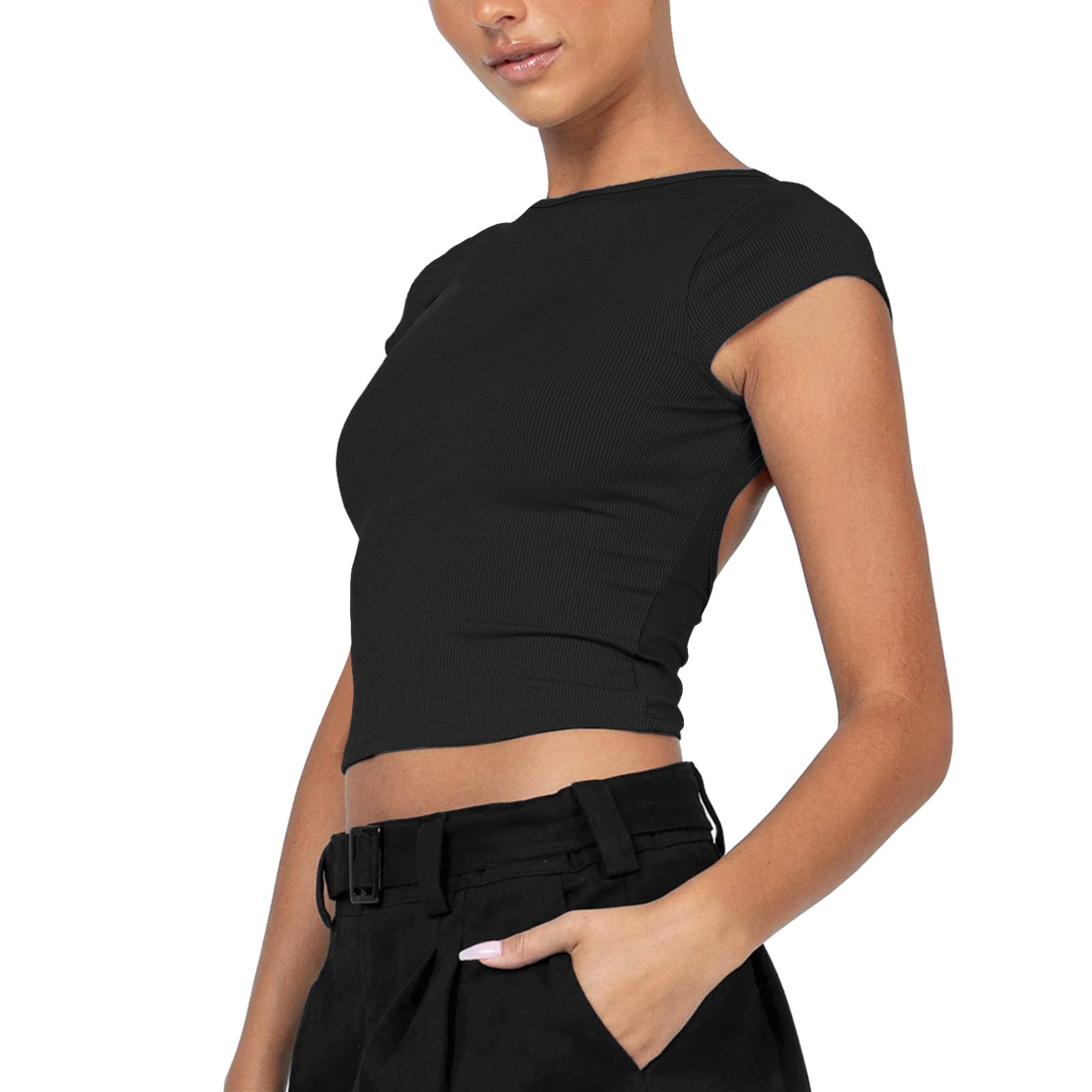 QIJUNTUO Women's Sexy Backless Short Sleeve Crop Top With Slim Fit ...