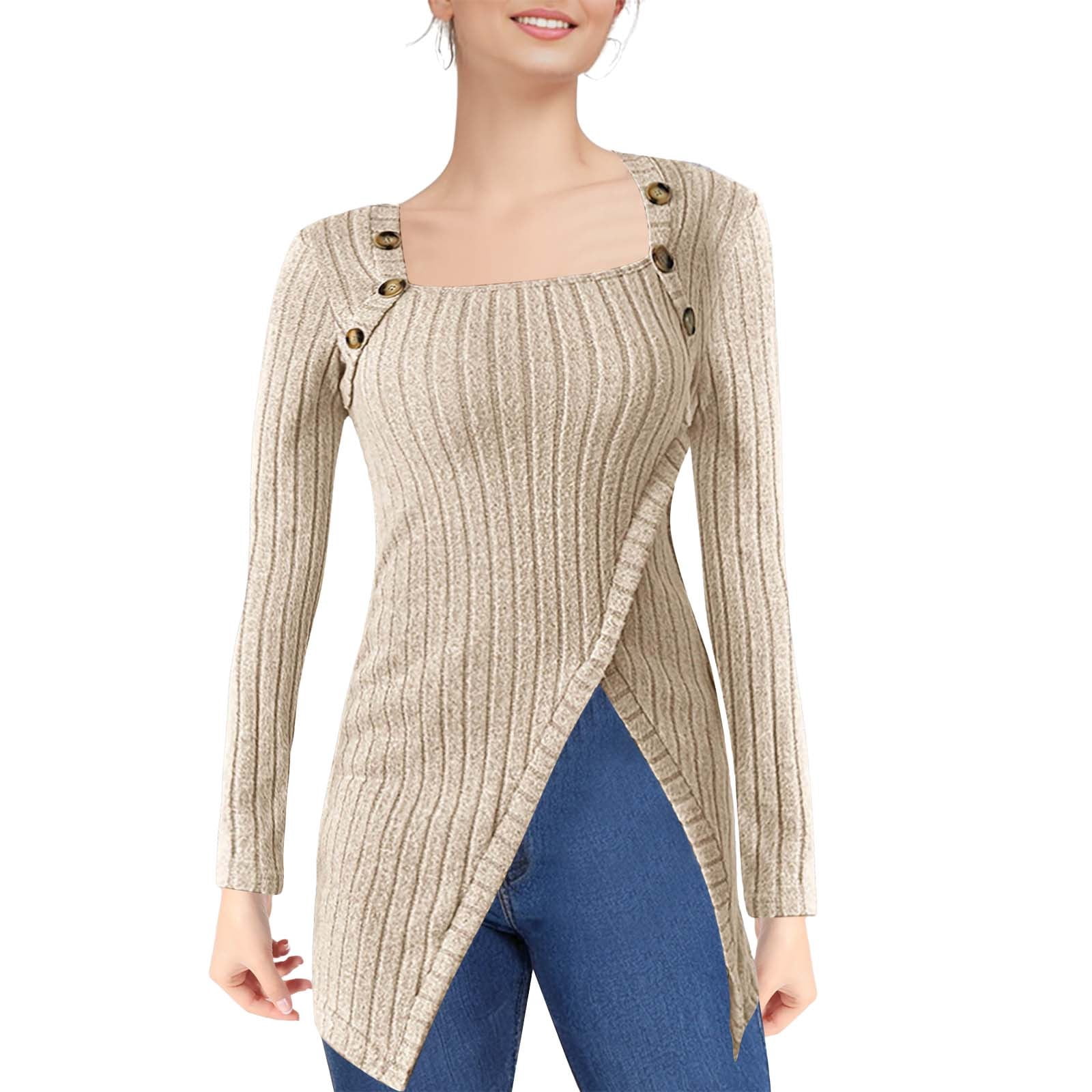 QIJUNTUO Women's Square Neck Crop Top With Button Detail And Split Hem ...