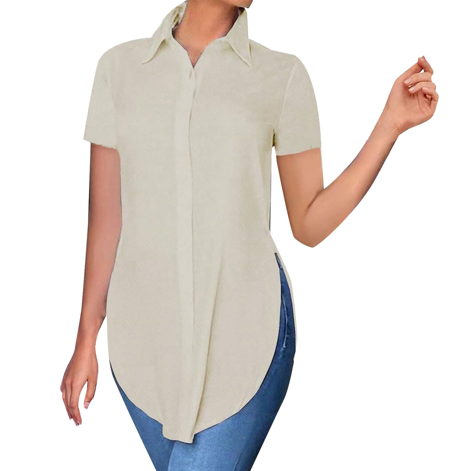 QIJUNTUO Women's Tailored Button Down Shirt With Polo Collar For ...