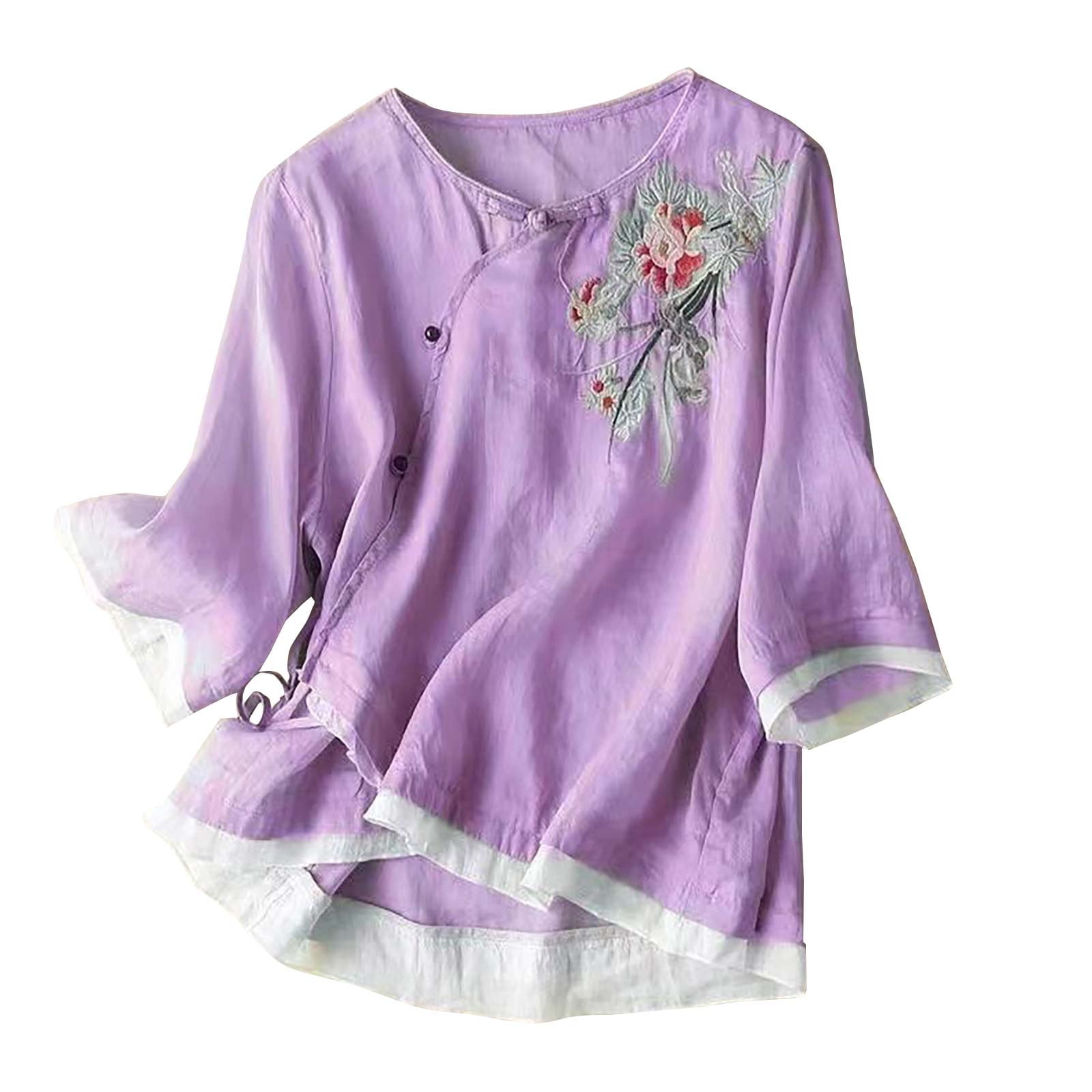 QIJUNTUO Women's Traditional Mandarin Collar Blouse With Hand ...
