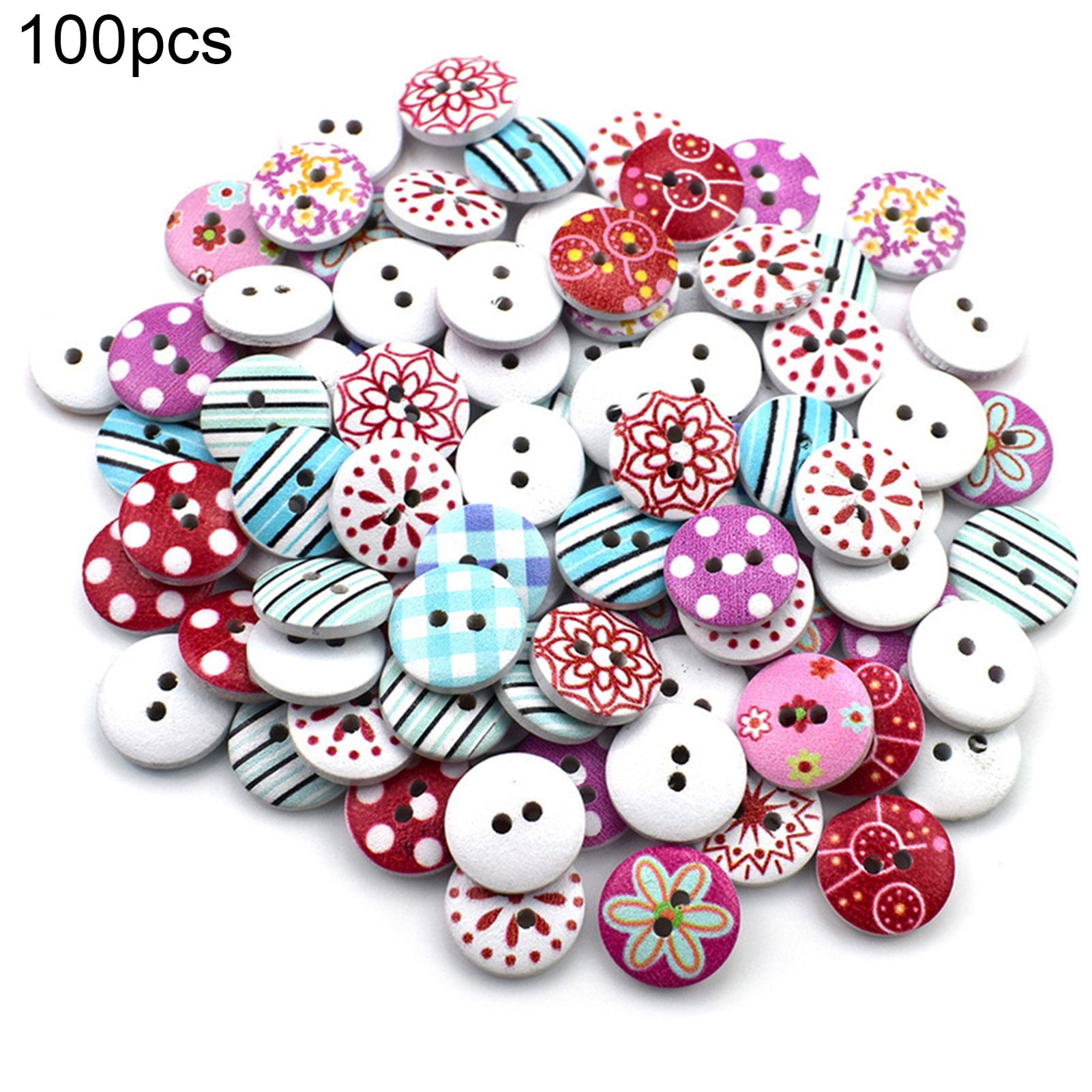 QILIN 100Pcs Round Floral Print Wood Buttons Decorative Sewing ...