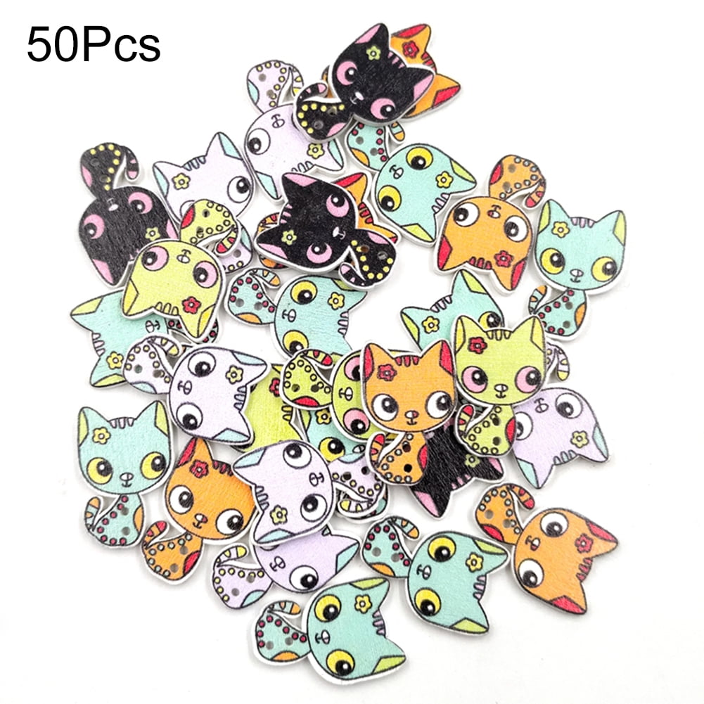 QILIN 50Pcs Cute Cat Kitten Wooden Buttons Sewing Scrapbooking Cards ...
