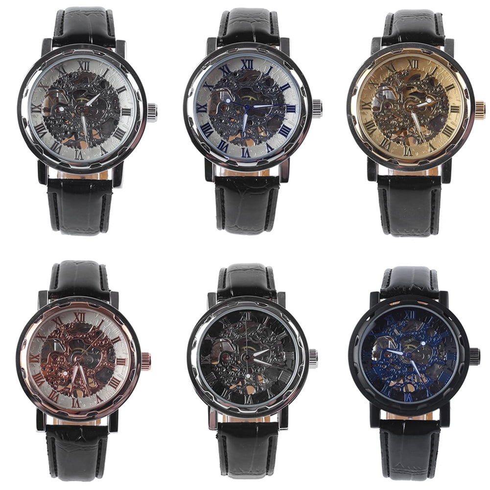 QILIN Classic Men's Faux Leather Skeleton Hand-Wind Mechanical Sports ...