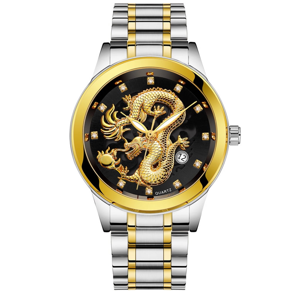 QILIN Luxury Dragon Rhinestone Round Dial Luminous Analog Quartz Unisex ...