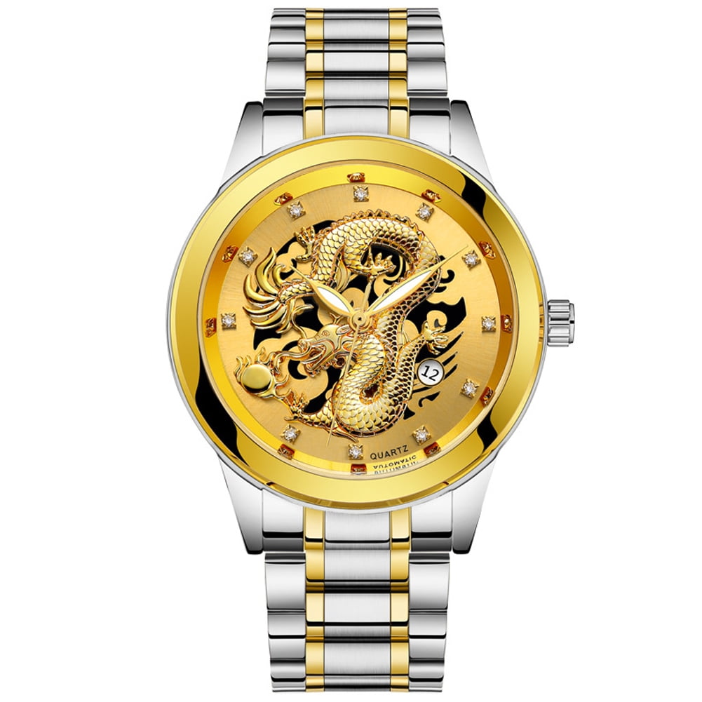 QILIN Luxury Dragon Rhinestone Round Dial Luminous Analog Quartz Unisex ...
