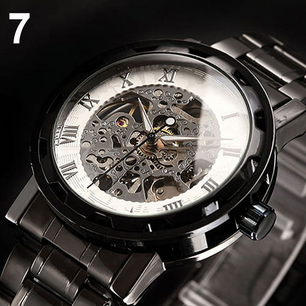 QILIN Men Skeleton Roman Numerals Hollow Dial Stainless Steel Band ...