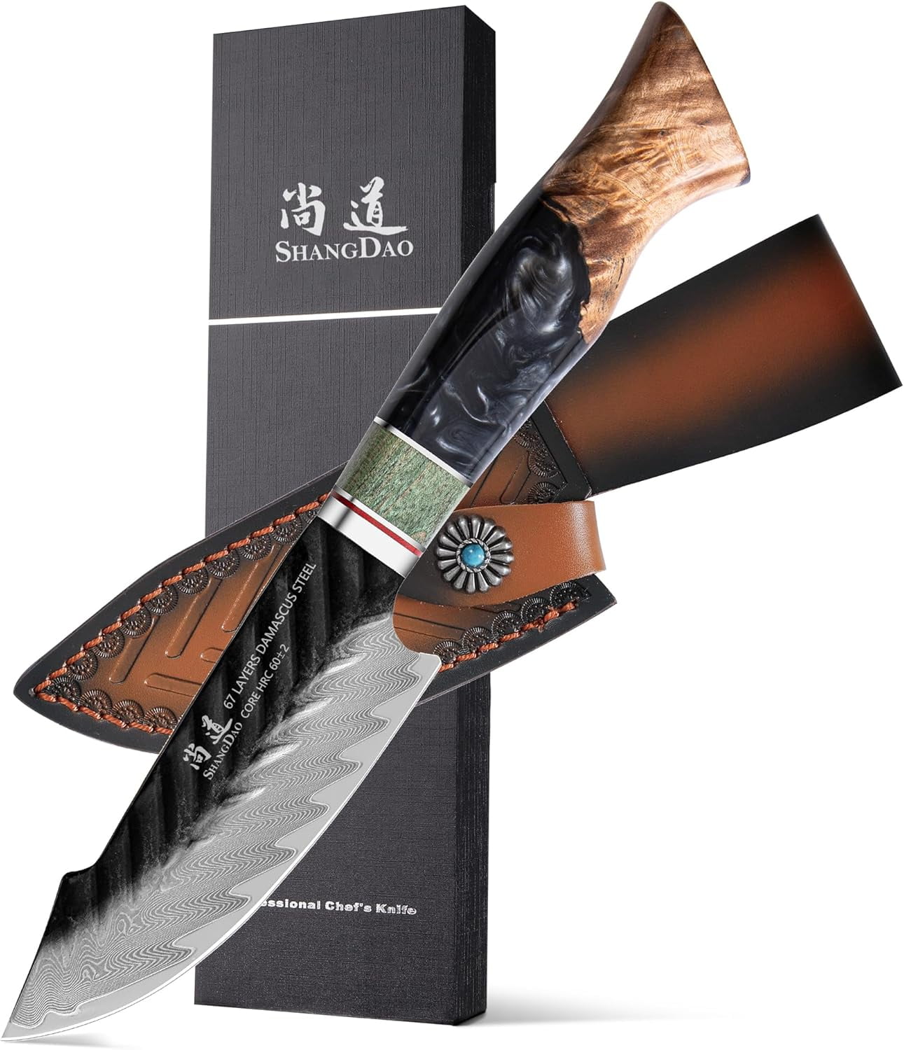 QILIN Series Damascus Utility Knife 4.8 Inch Fruit Knife with Leather Sheath 67 Layers Alloy ...