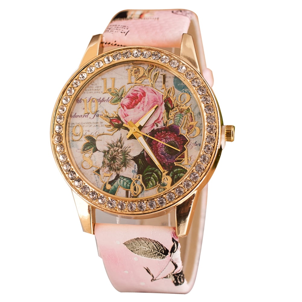 QILIN Women Rhinestone Inlaid Flower Round Dial Faux Leather Band ...