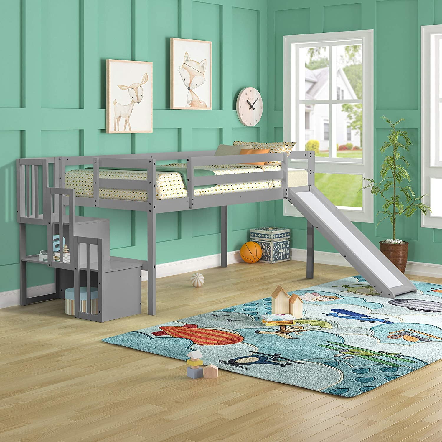 QIMEI Junior’s Low Loft Bed with Stairs and Storage, Wood Loft Bed with ...