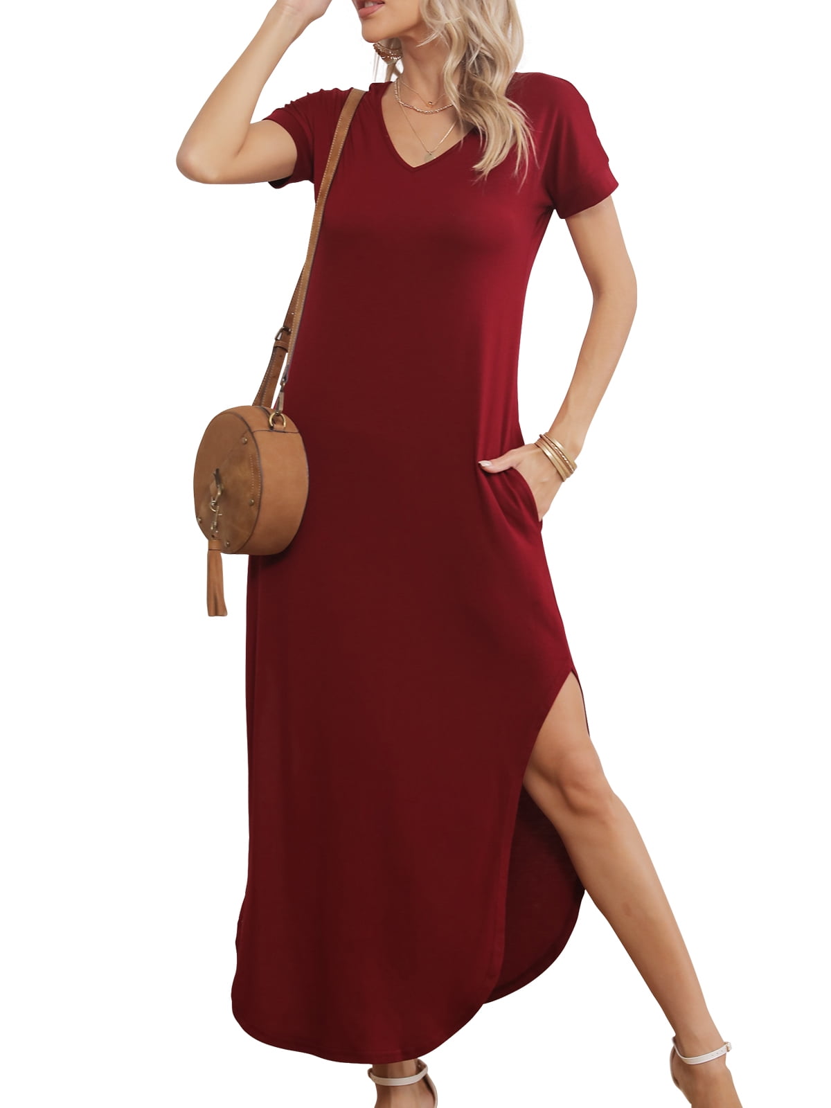 QINCAO Maxi Dresses for Women, Short Sleeve V Neck, Casual Loose Long ...