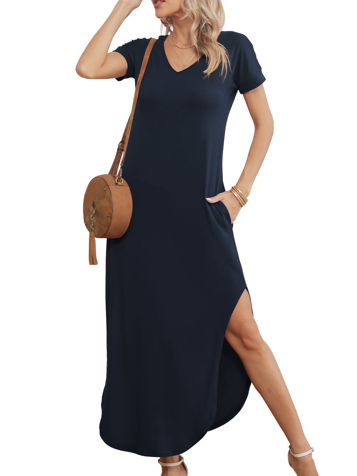 QINCAO Maxi Dresses for Women Short Sleeve V Neck Casual Loose Long ...