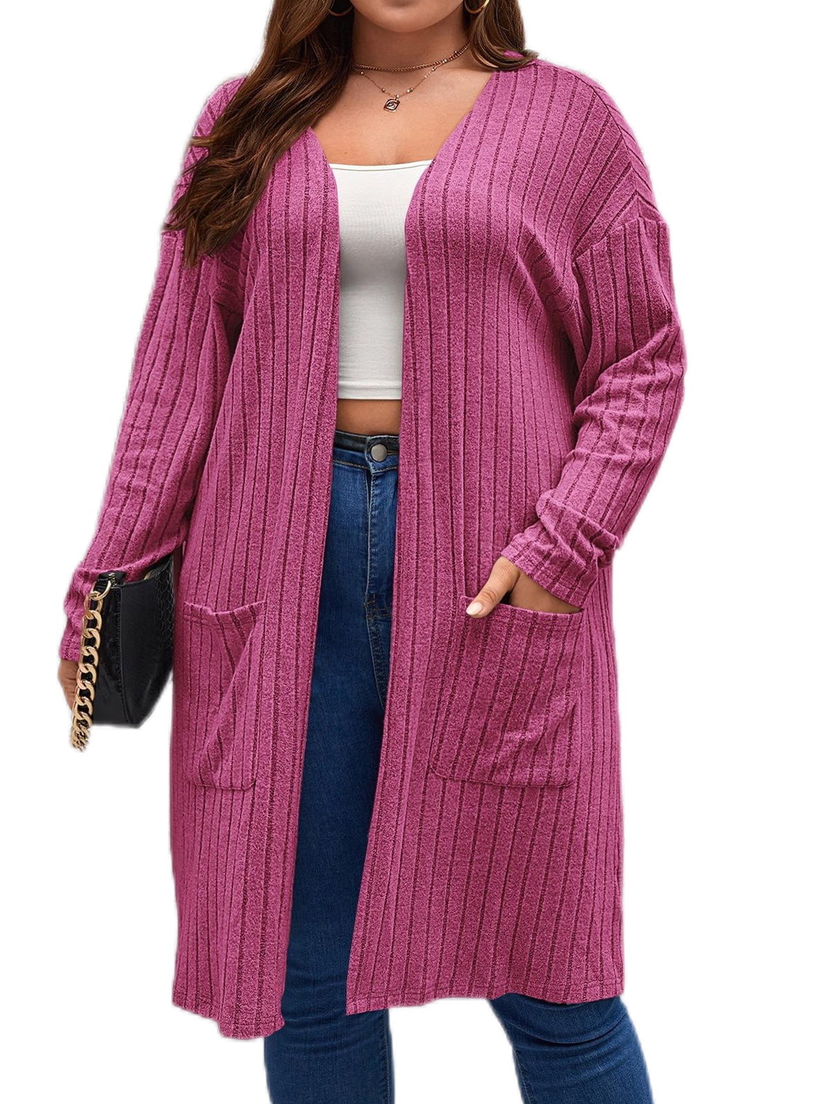 QINCAO Plus Size Womens Open Front Cardigan Sweater with Pockets Long ...