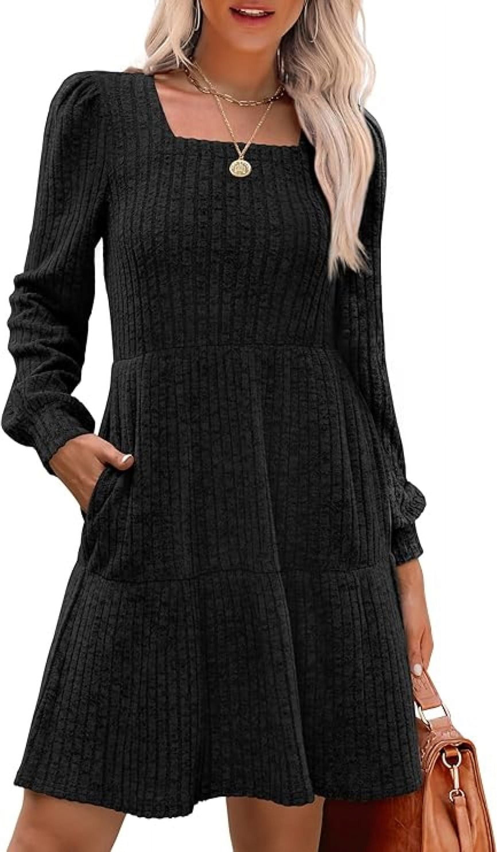 QINCAO Womens Long Sleeve Sweater Dresses Square Neck Babydoll Fall ...