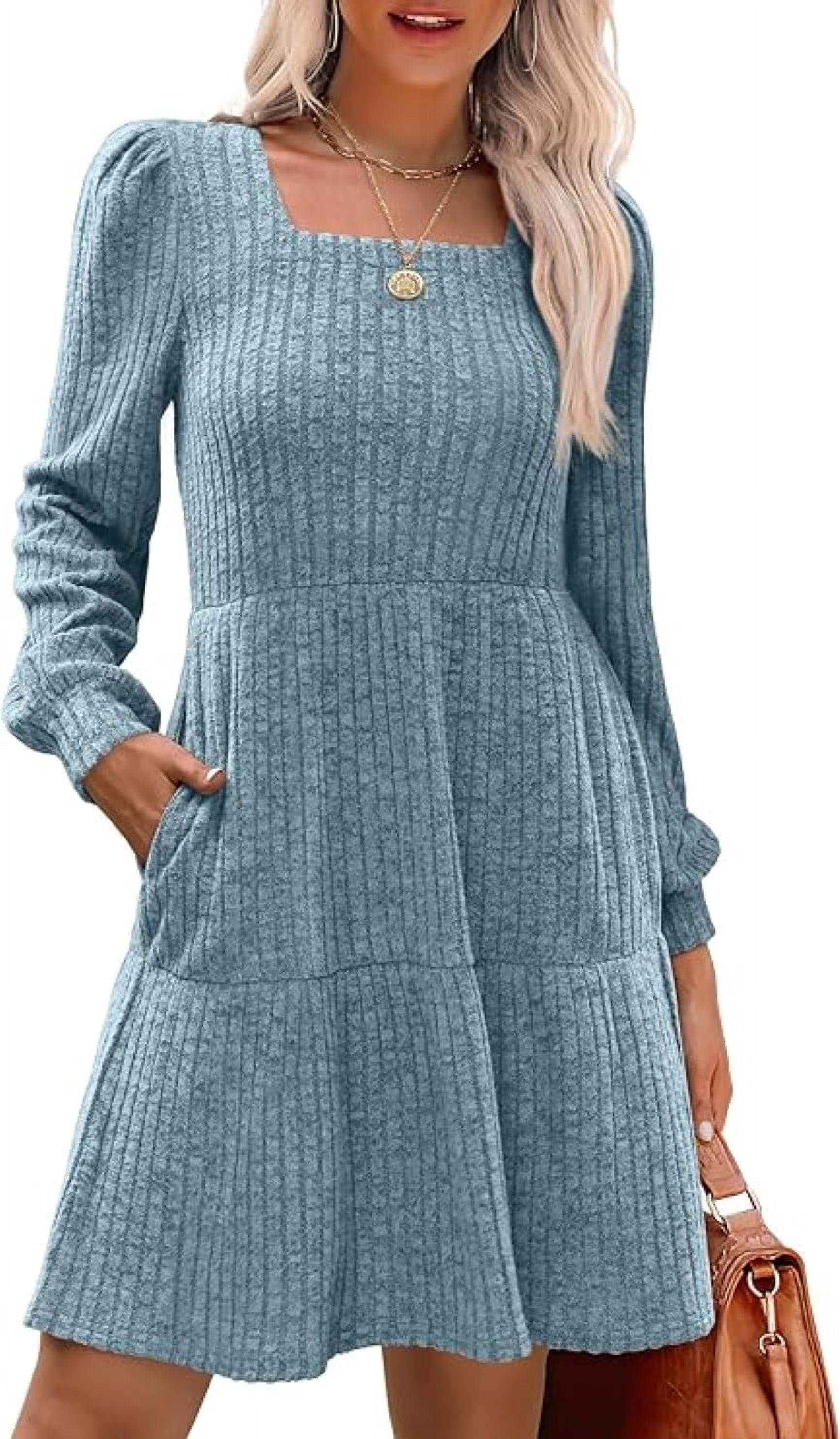 QINCAO Womens Long Sleeve Sweater Dresses Square Neck Babydoll Fall Dress With Pockets S-2XL ...