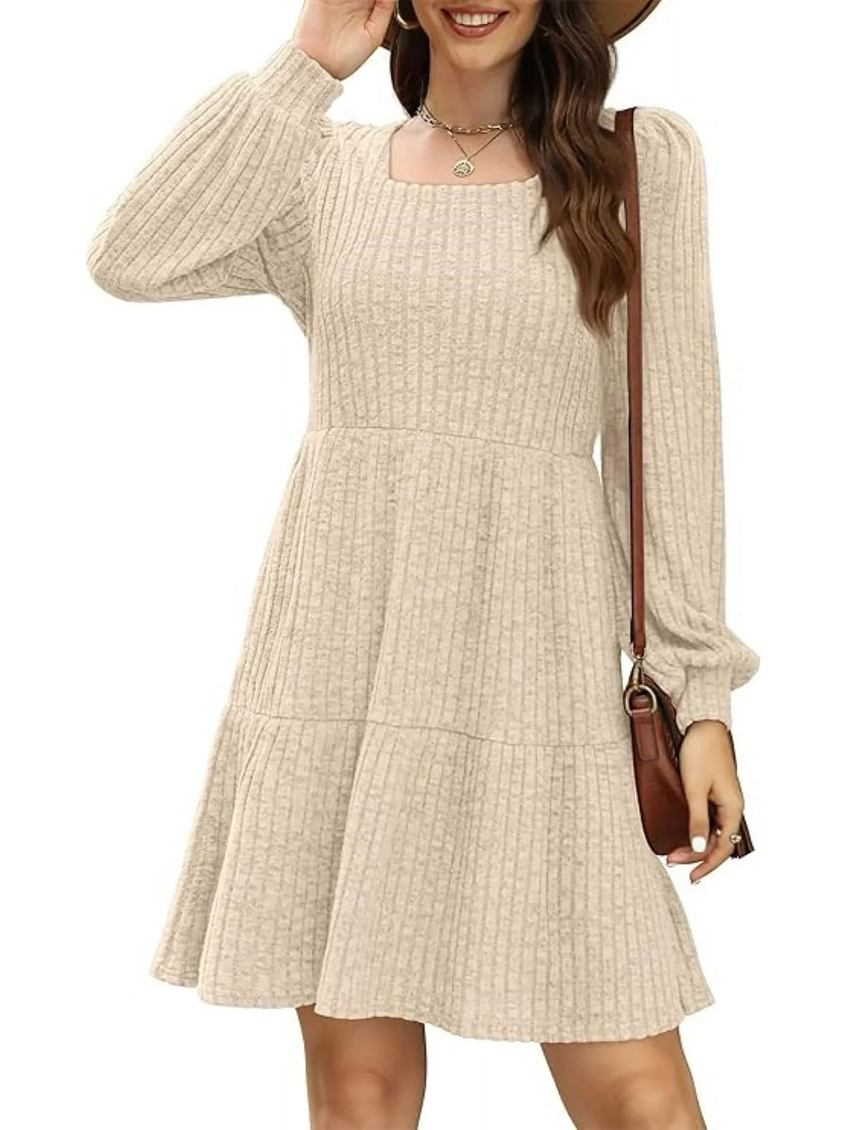 QINCAO Womens Long Sleeve Sweater Dresses Square Neck Babydoll Fall Dress With Pockets S-2XL ...