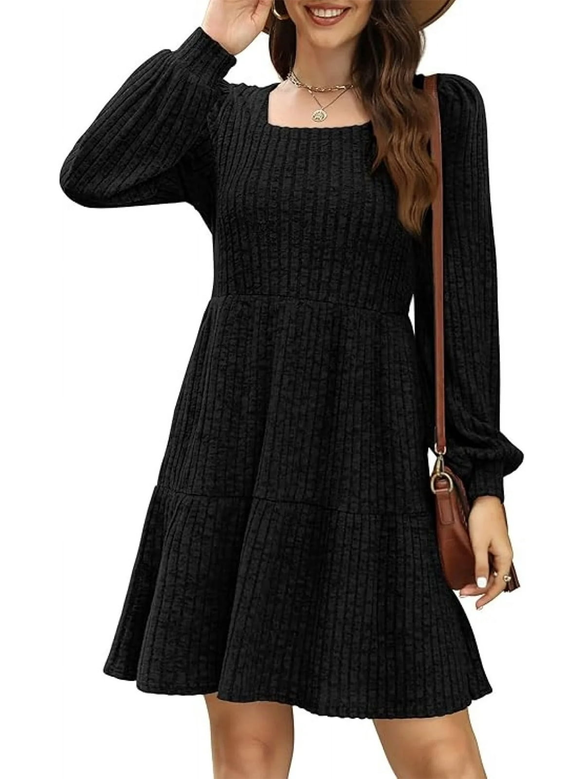 QINCAO Womens Long Sleeve Sweater Dresses Square Neck Babydoll Fall Dress With Pockets S-2XL ...