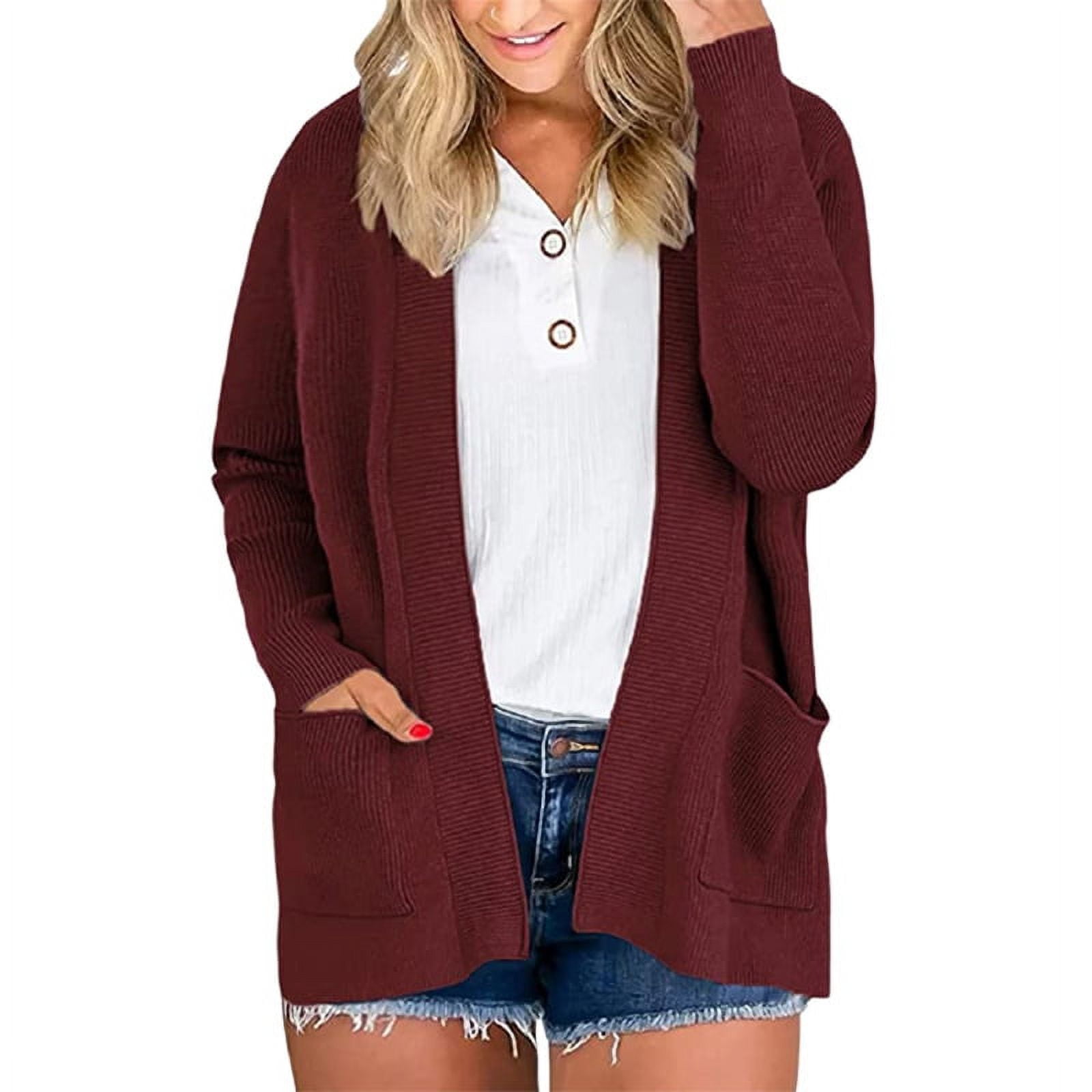QINCAO Womens Open Front Cardigans Casual Long Sleeve Classic Knit ...