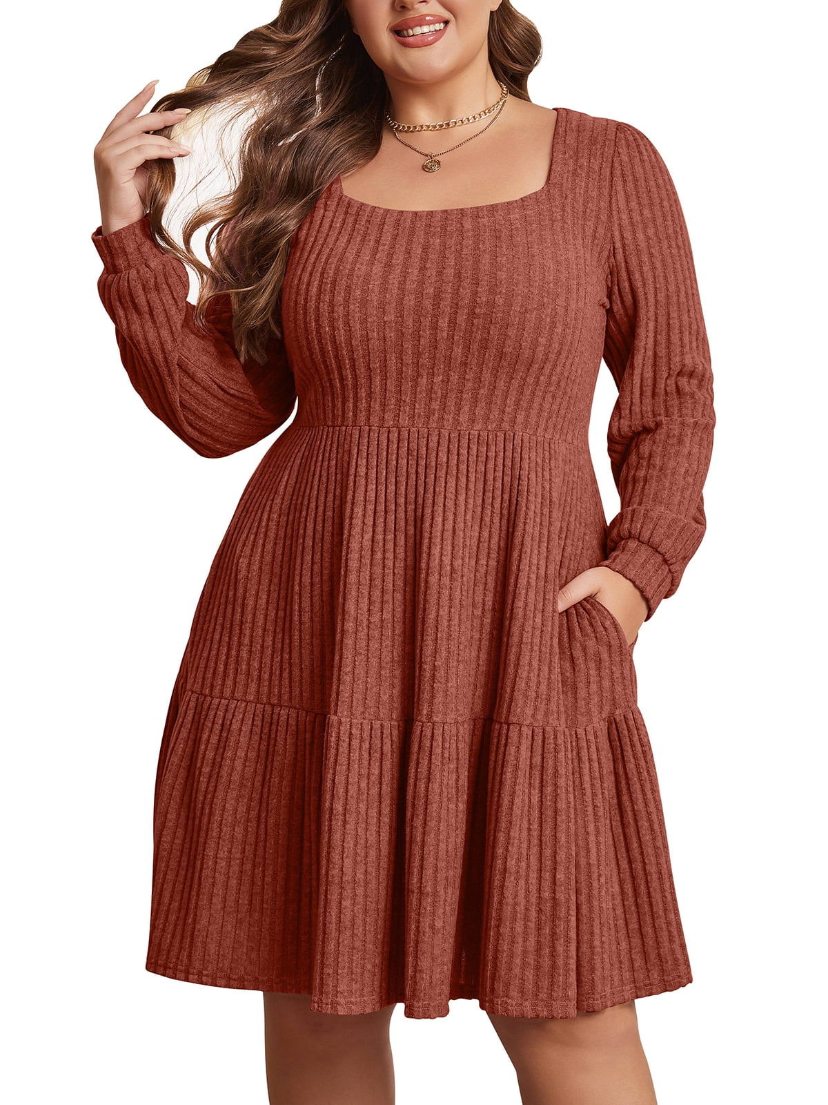 QINCAO Womens Plus Size Sweater Dresses Square Neck Long Sleeve ...