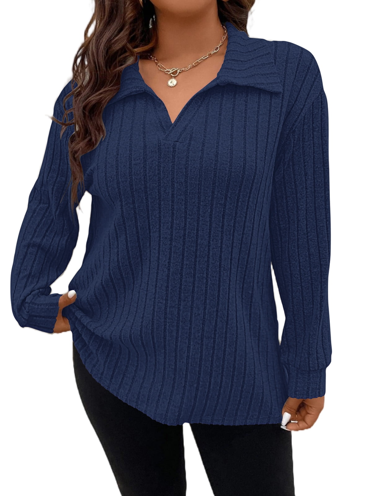 QINCAO Womens Plus Size Tops Long Sleeve V Neck Polo Shirts Pullover ...