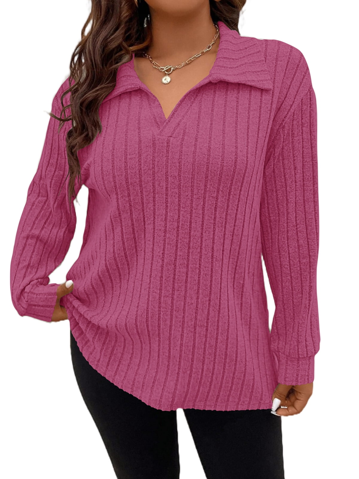 QINCAO Womens Plus Size Tops Long Sleeve V Neck Polo Shirts Pullover ...