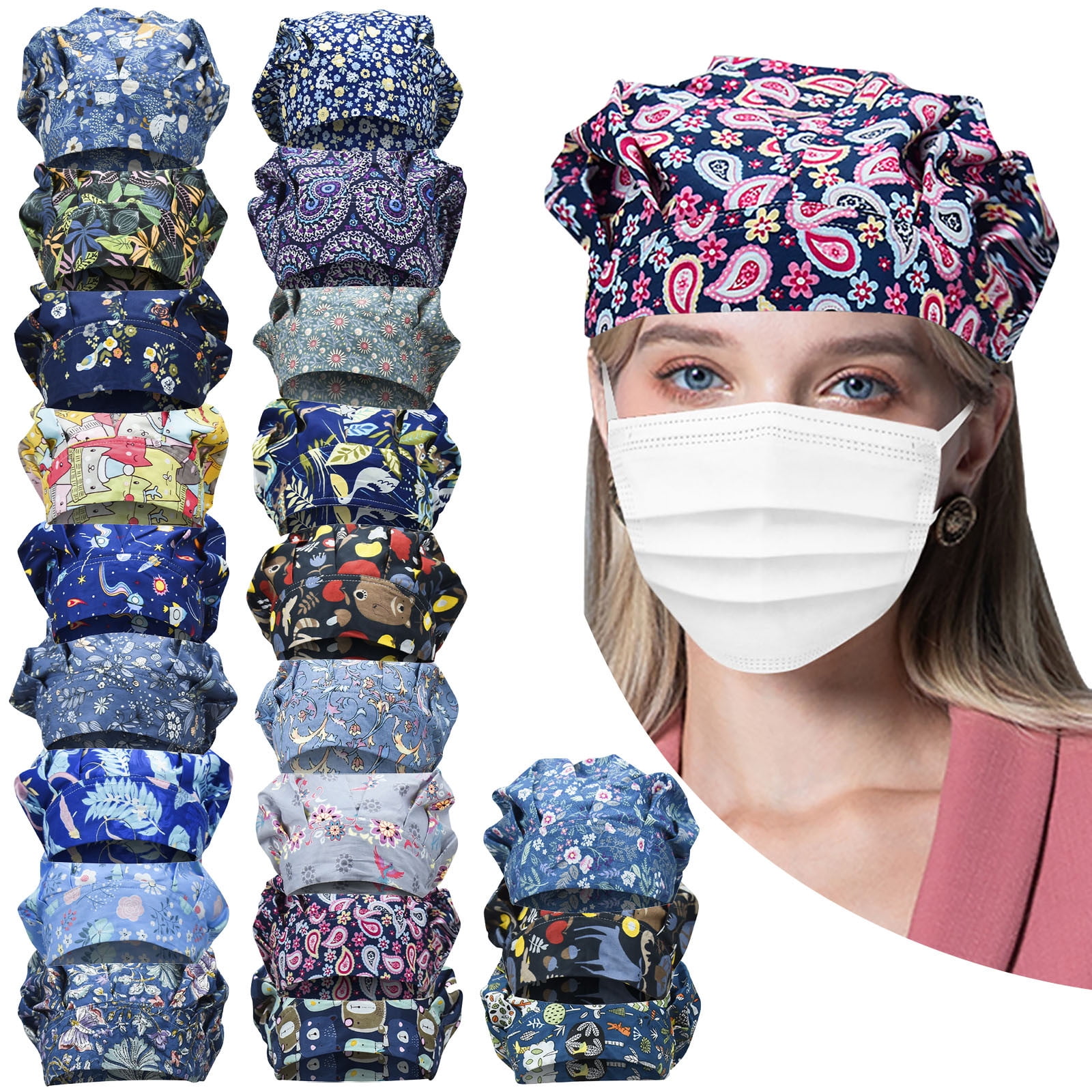 QIPOPIQ Caps with Buttons Elastic Bouffant Turban, Nursing Surgical Cap ...