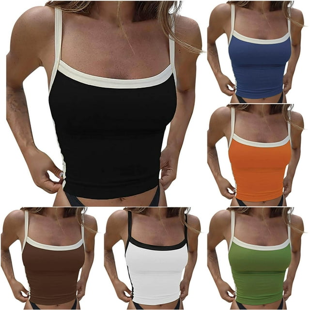 QIPOPIQ Clearance Women & Juniors Crop Tank Top Sleeveless Camisoles Patchwork Spaghetti Strap ...
