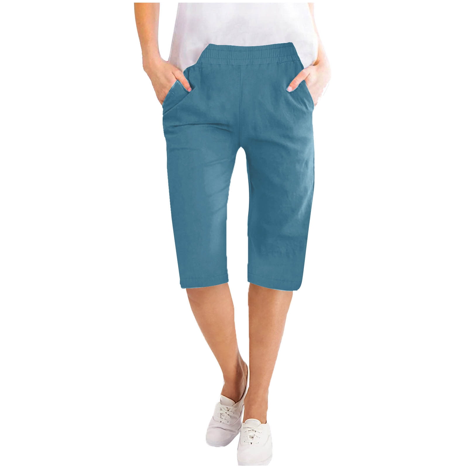 QIPOPIQ Women's Bermuda Shorts Casual Linen Cotton Relaxed Fit Elastic ...