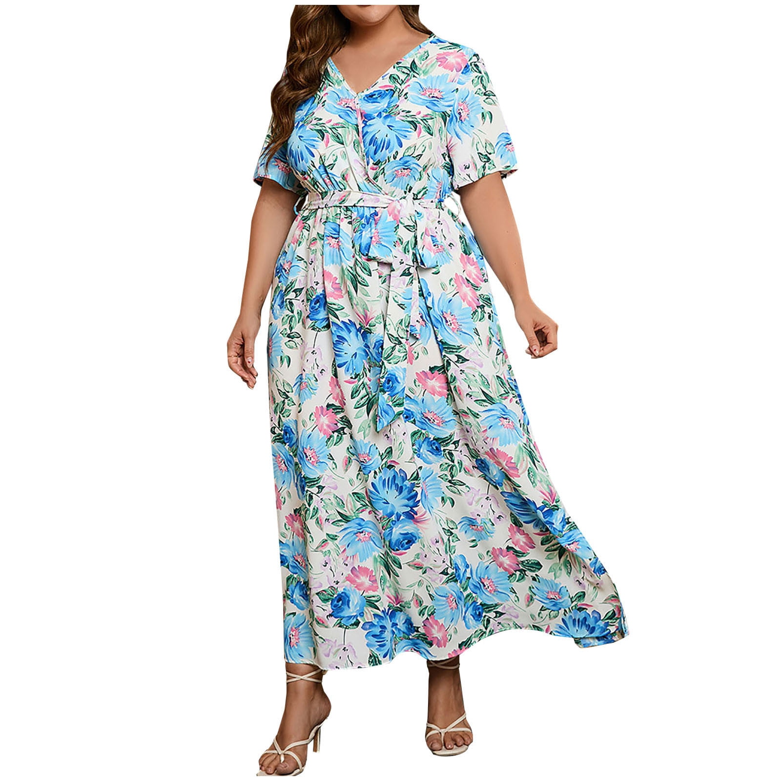 QIPOPIQ Women's Elegant Maxi Dress Short Sleeve Loose Trendy Long ...