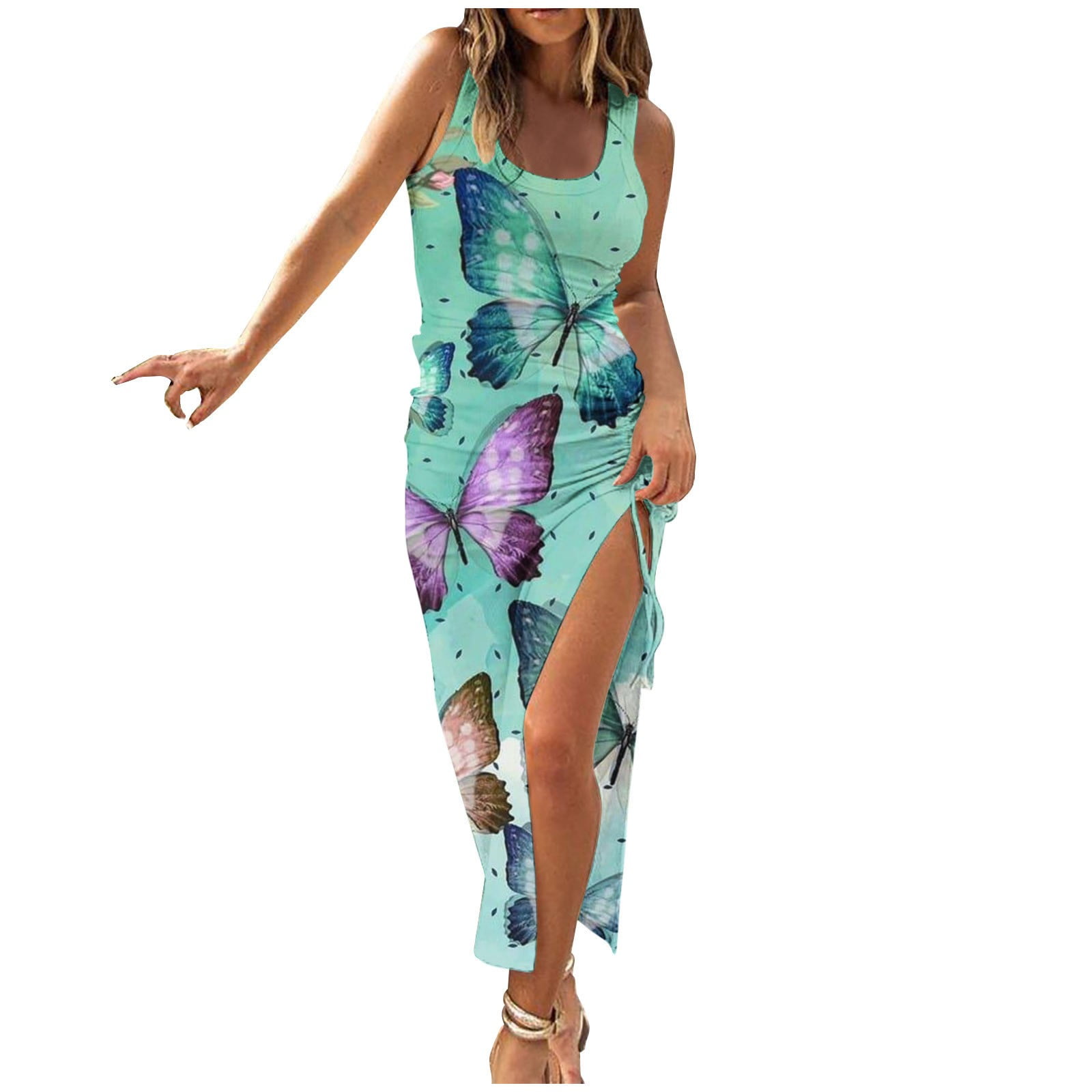 QIPOPIQ Women's High Split Sleeveless Square Neck Gradient Bodycon Long ...