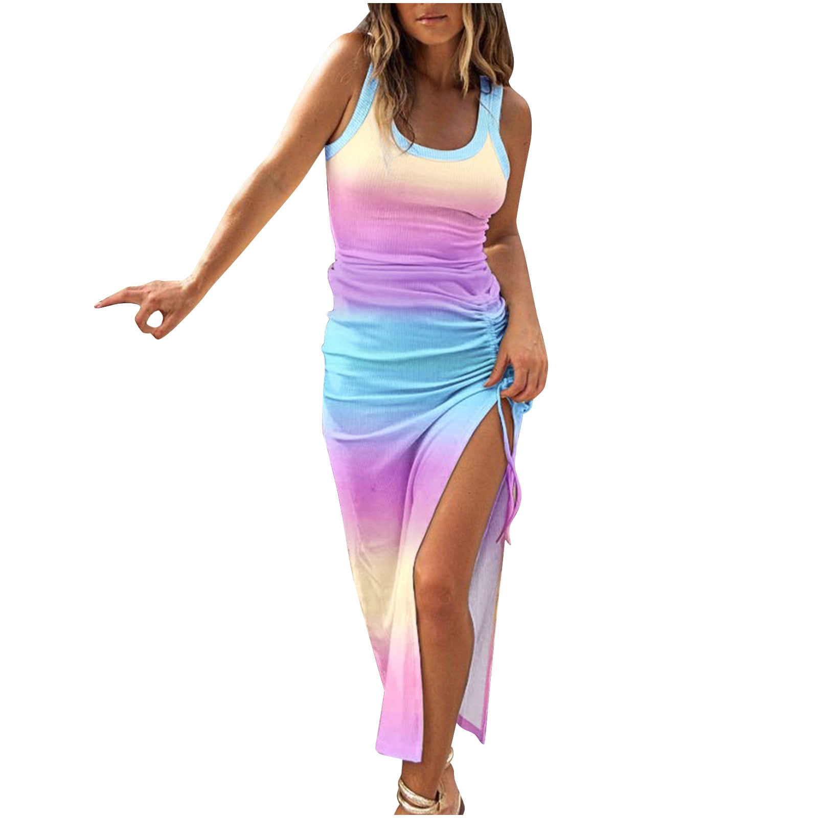 QIPOPIQ Women's High Split Sleeveless Square Neck Gradient Bodycon Long ...