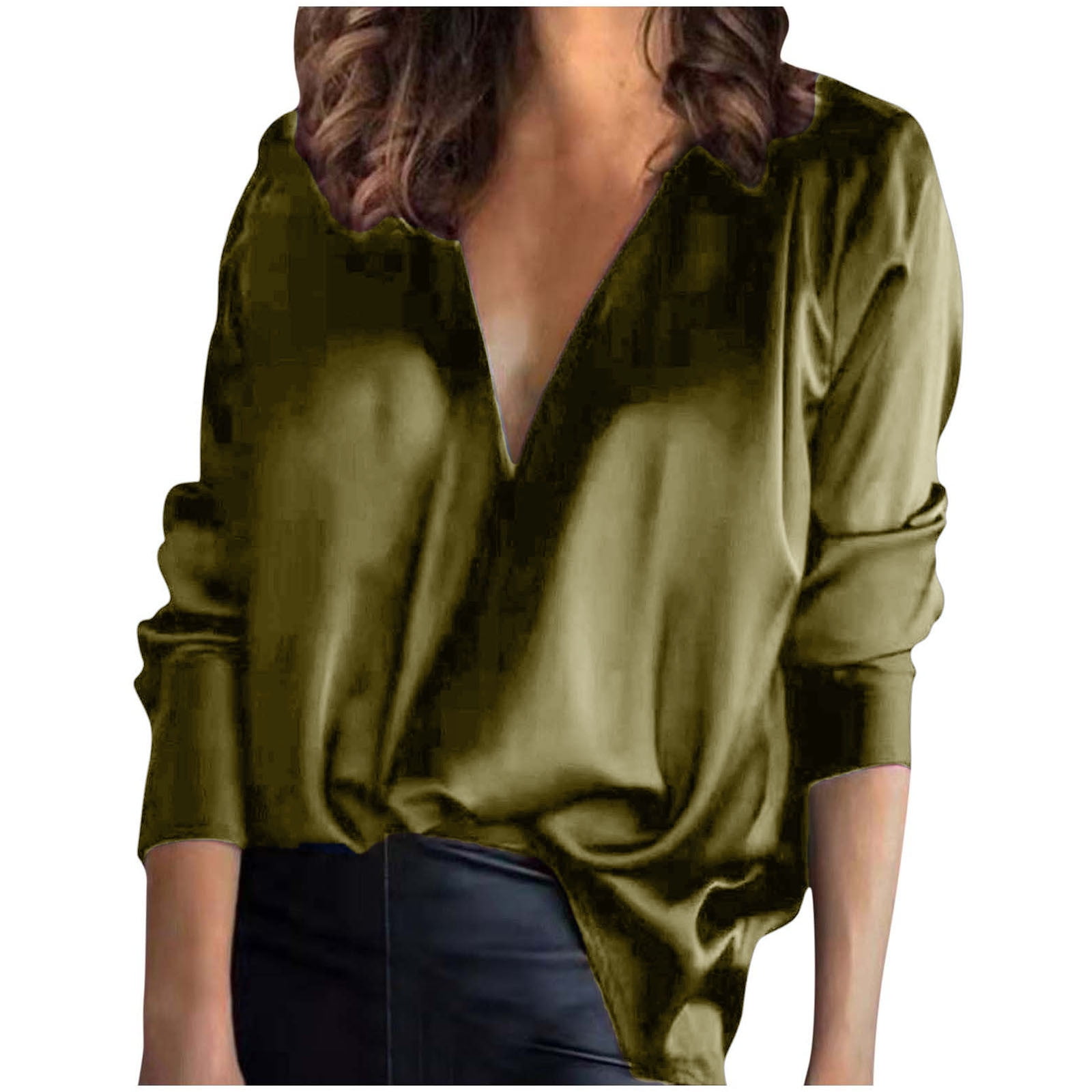 QIPOPIQ Womens Tops Clearance Satin Socket V-Neck Solid-color Commute ...